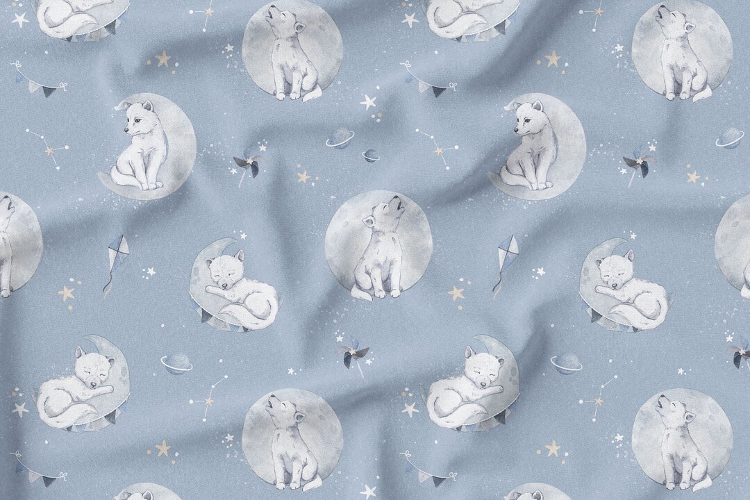 Wasserdichter Polyesterstoff, Moon Wolves blau, exklusives Muster. Süße ...