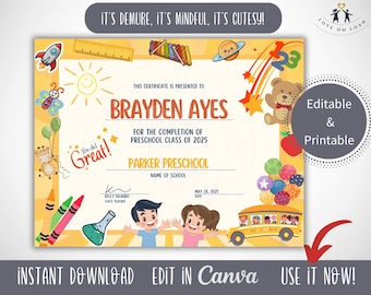 Editable Kindergarten Certificate Diploma | Instant Download| Canva Pro ...