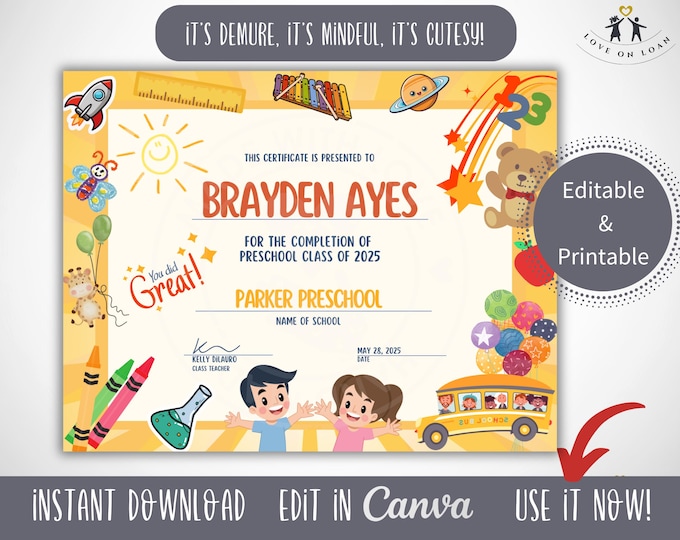 Editable Kindergarten Certificate Diploma | Instant Download| Canva Pro ...