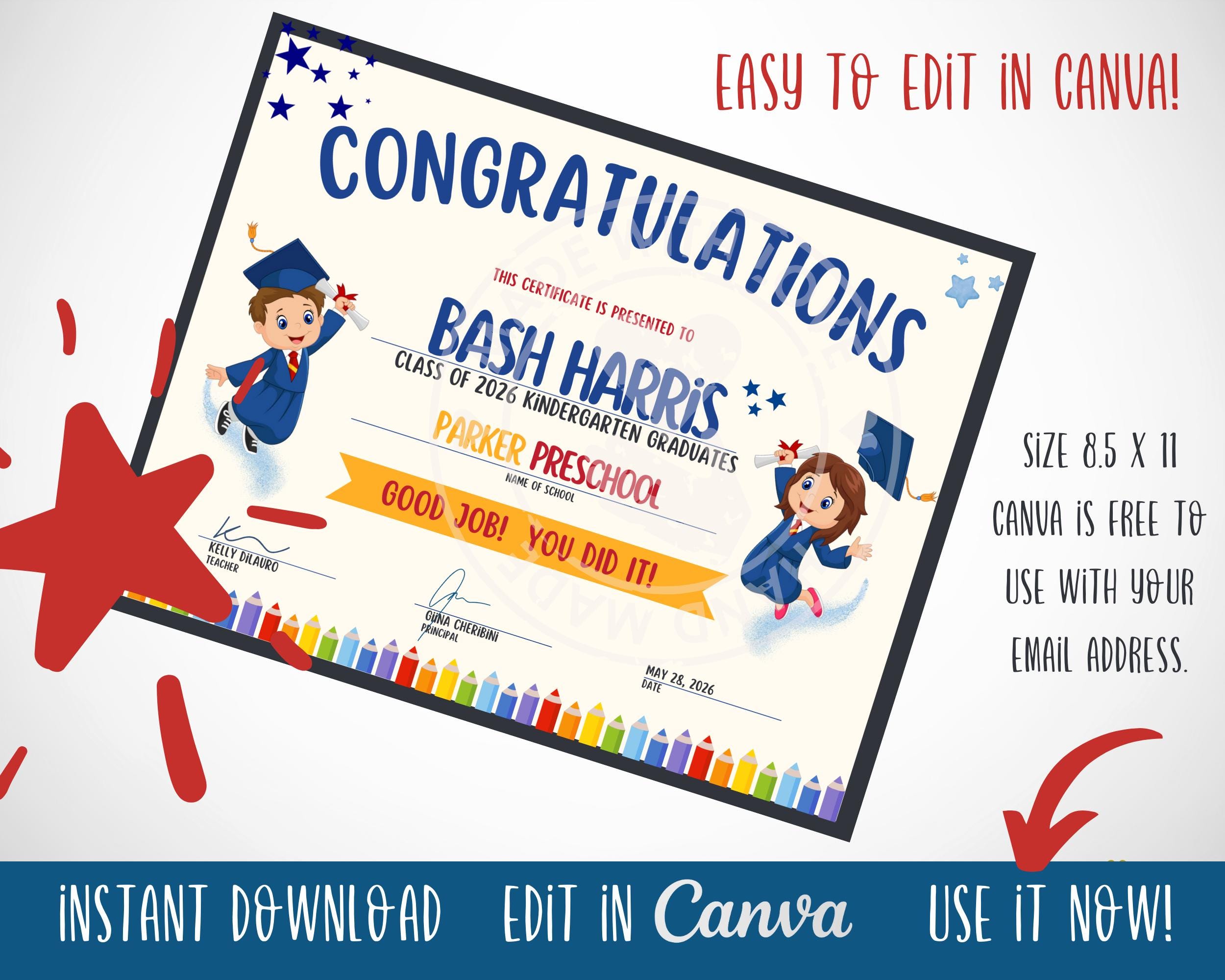 Editable Preschool Graduation Certificate: Canva Template (digital ...