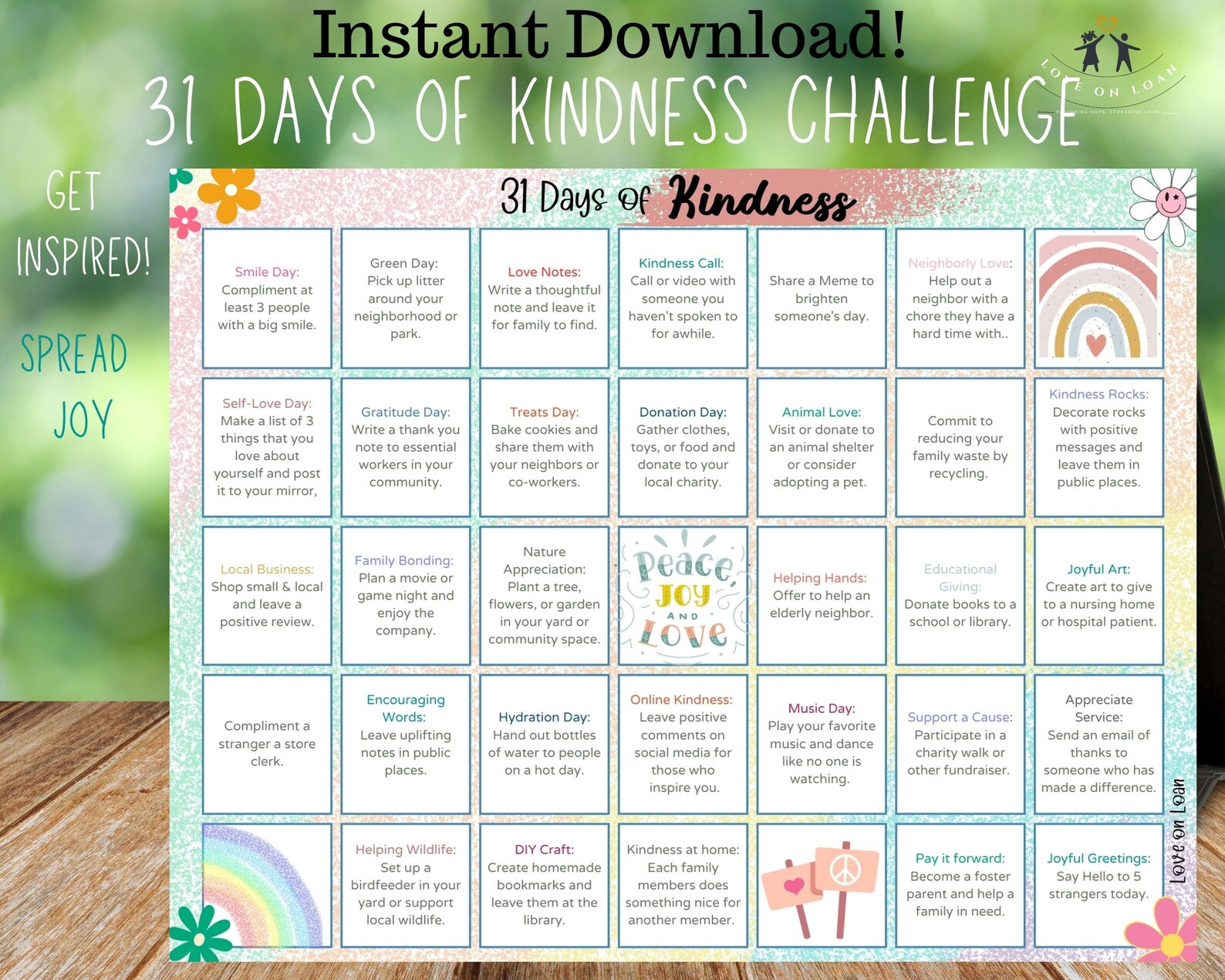 31 Days of Kindness Calendar INSTANT DOWNLOAD | Gratitude Calendar for ...