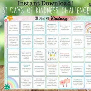 31 Days of Kindness Calendar INSTANT DOWNLOAD | Gratitude Calendar for ...