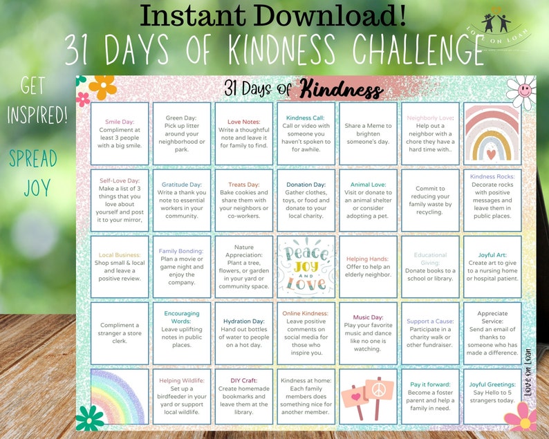 31 Days of Kindness Calendar INSTANT DOWNLOAD | Gratitude Calendar for ...