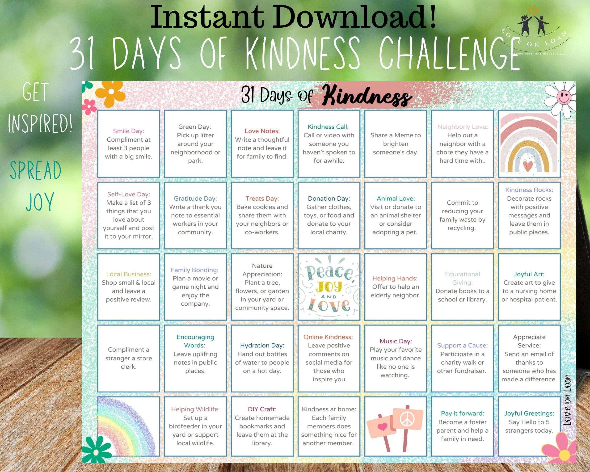31 Days of Kindness Calendar INSTANT DOWNLOAD | Gratitude Calendar for ...