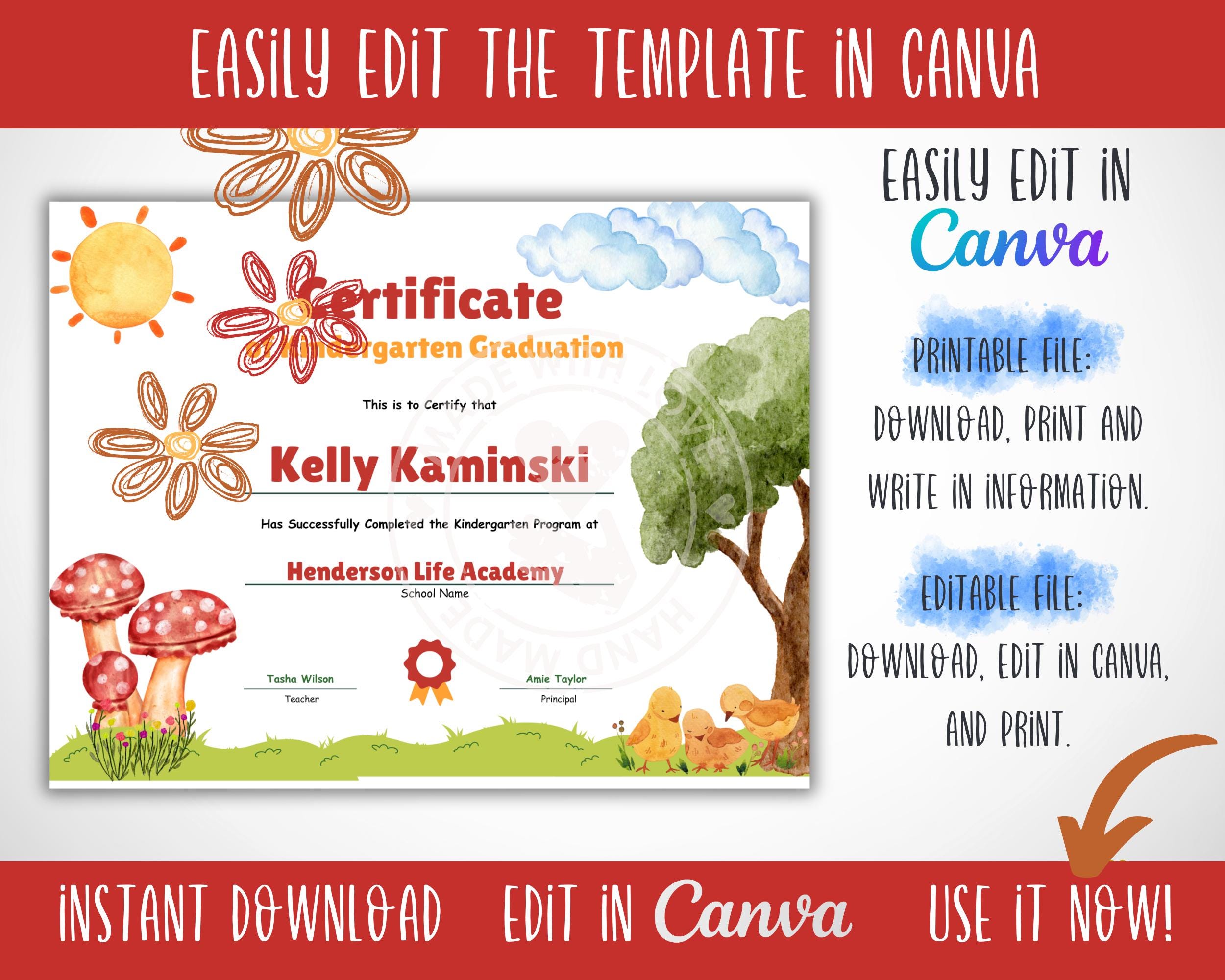 Editable Kindergarten Certificate Diploma Template | Instant Download ...
