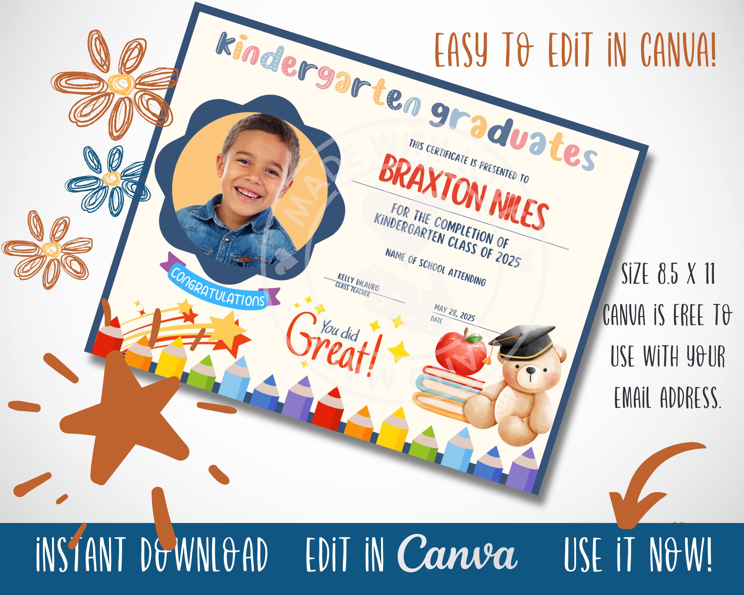 Editable Kindergarten Certificate Diploma | Instant Download| Canva Pro ...