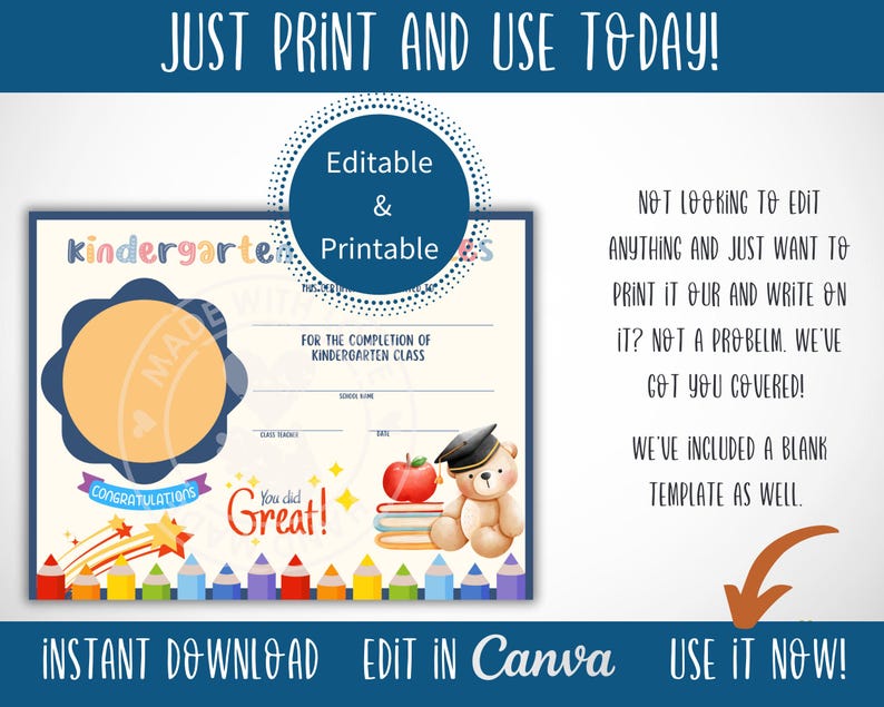 Editable Kindergarten Certificate Diploma | Instant Download| Canva Pro ...