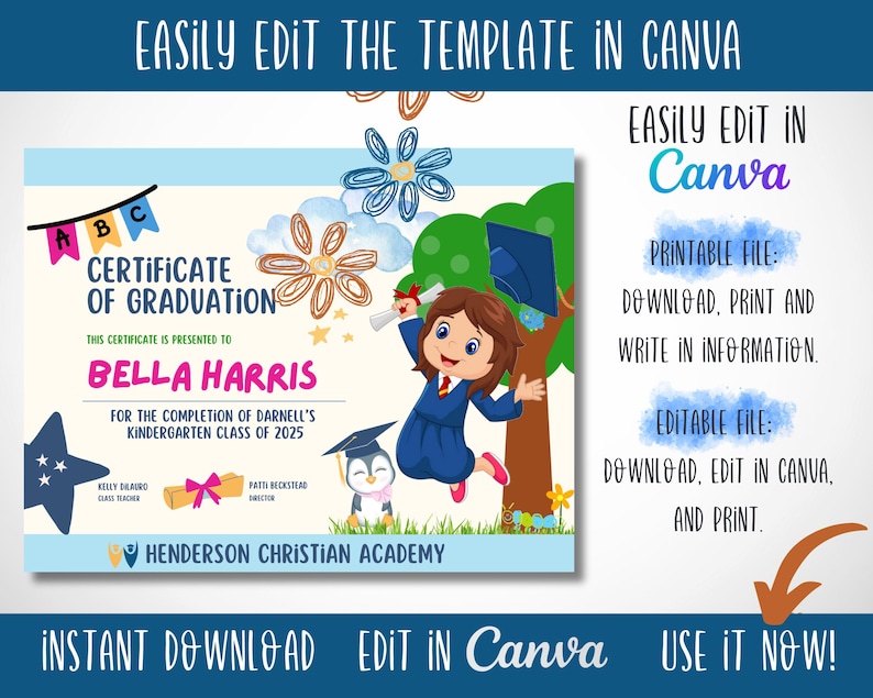 Editable Kindergarten Certificate Diploma Template | Instant Download ...