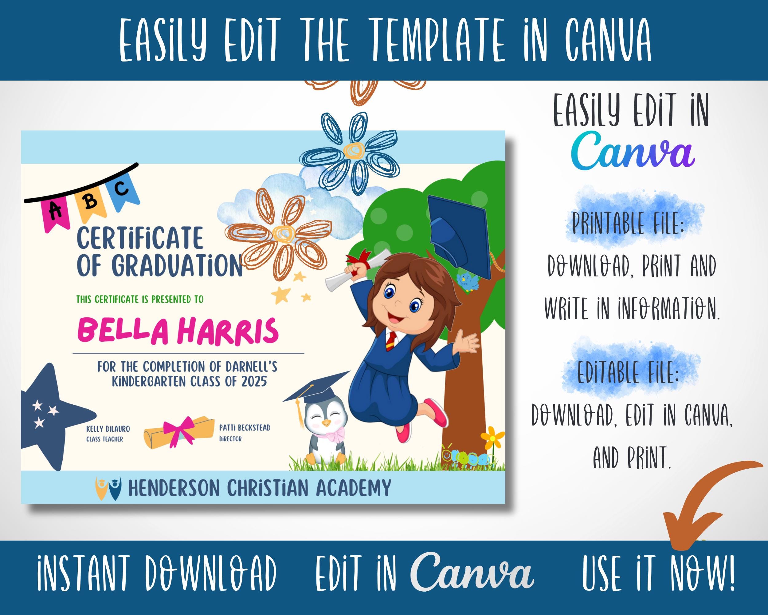 Editable Kindergarten Certificate Diploma Template | Instant Download ...