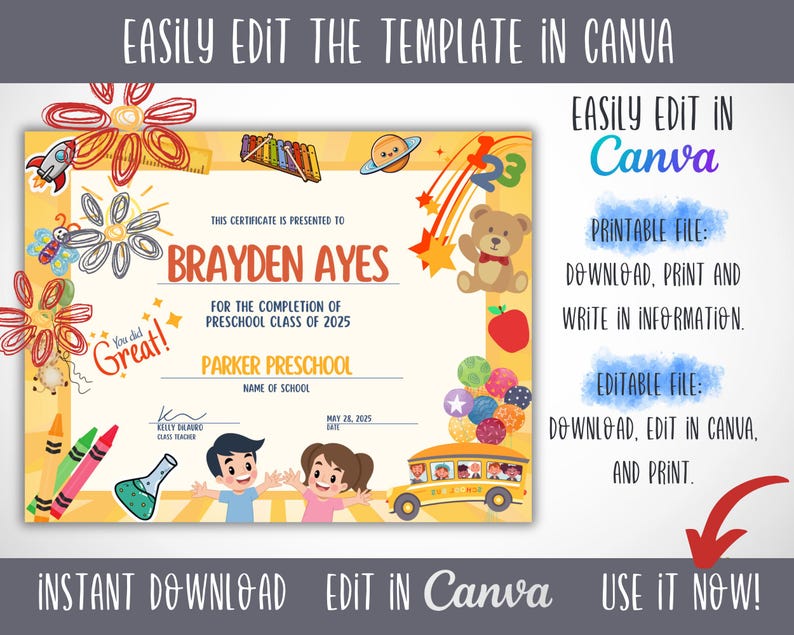 Editable Preschool Certificate Diploma Template | Instant Download ...