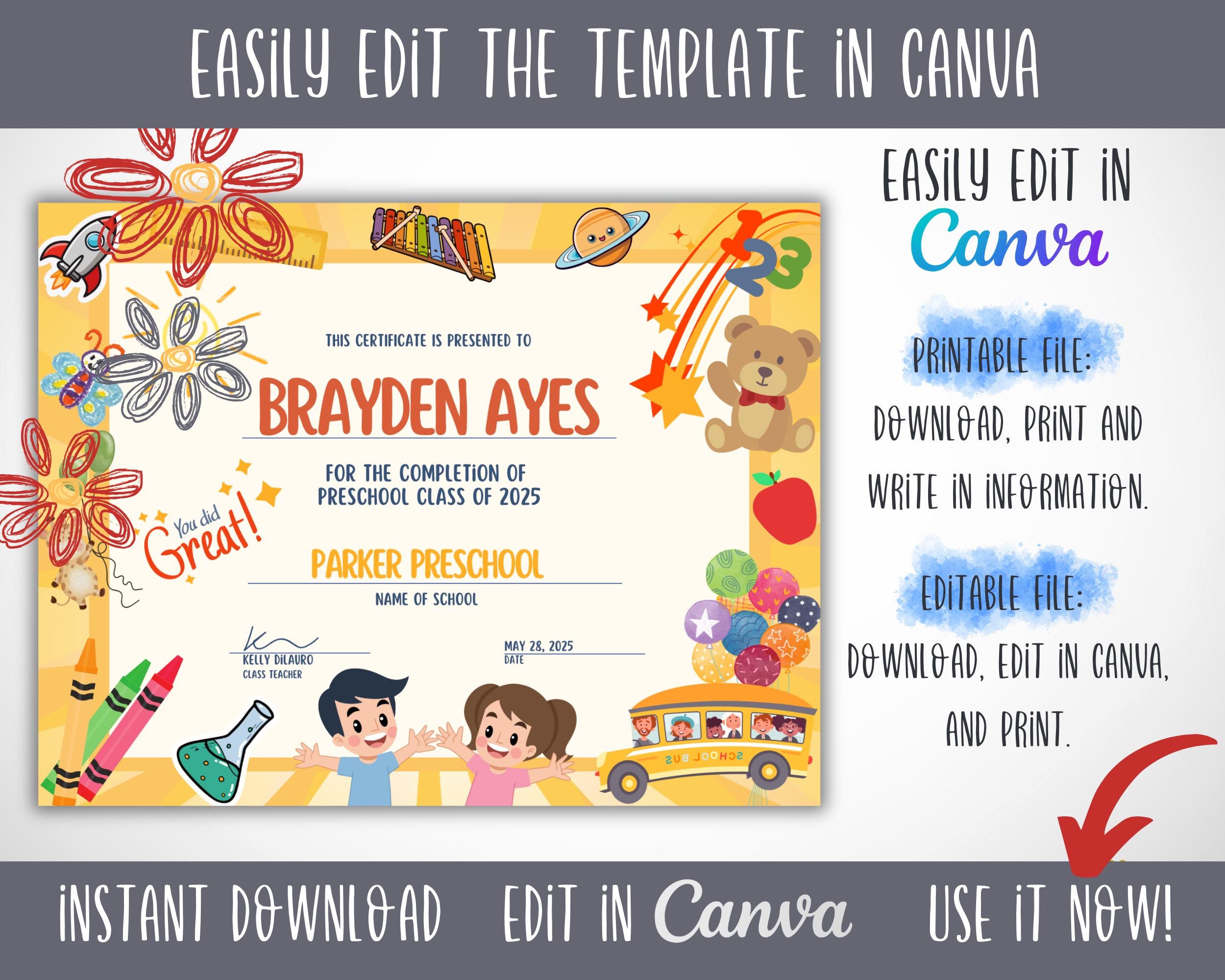 Editable Preschool Certificate Diploma Template | Instant Download ...