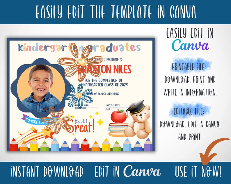 Editable Kindergarten Certificate Diploma | Instant Download| Canva Pro ...