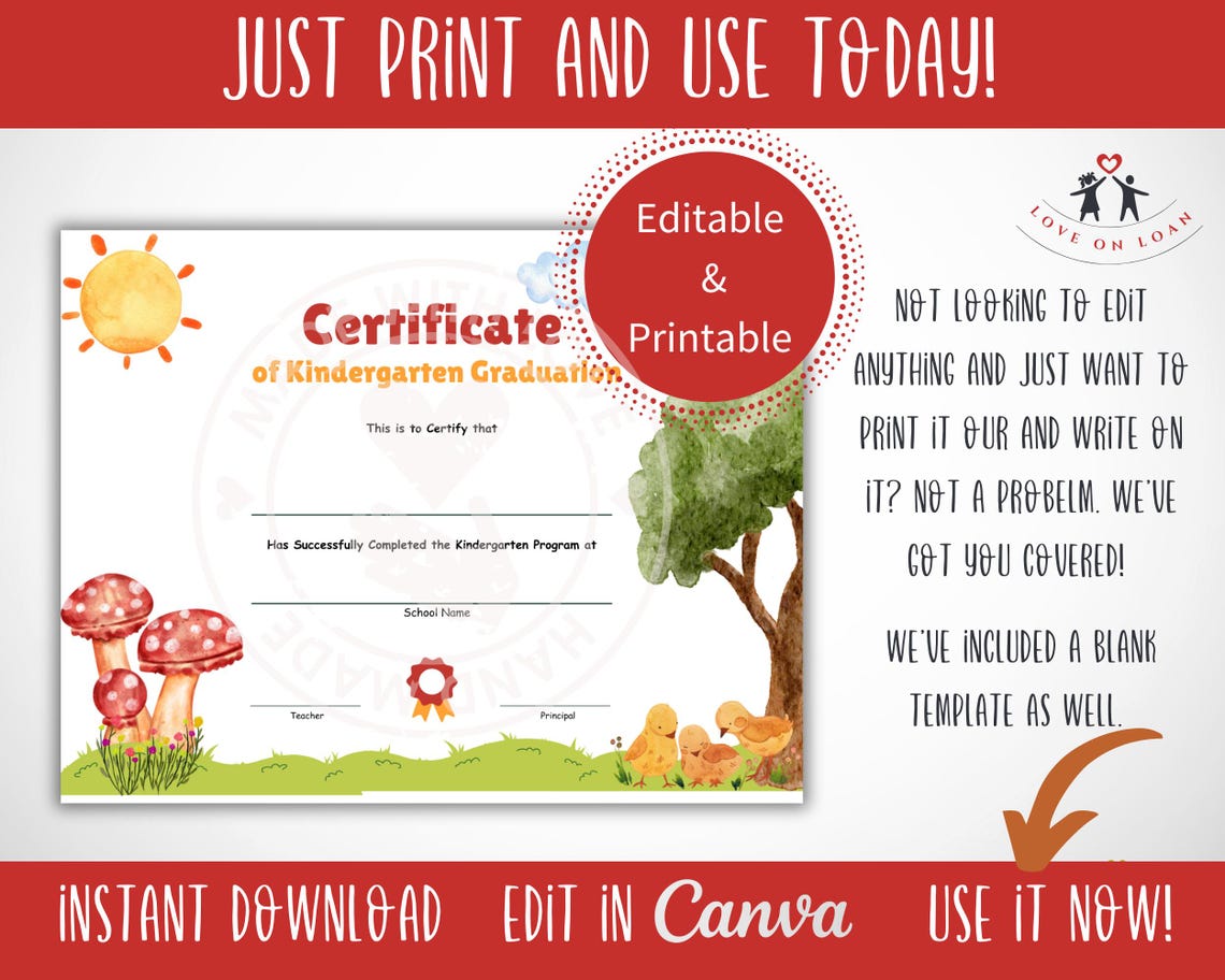 Editable Kindergarten Certificate Diploma Template | Instant Download ...