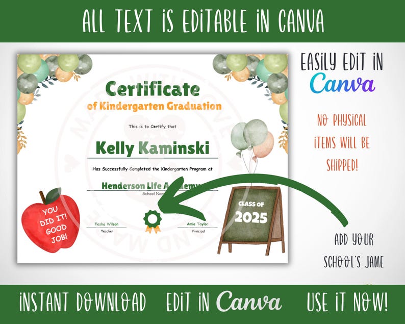 Editable Kindergarten Certificate Diploma Template | Instant Download ...
