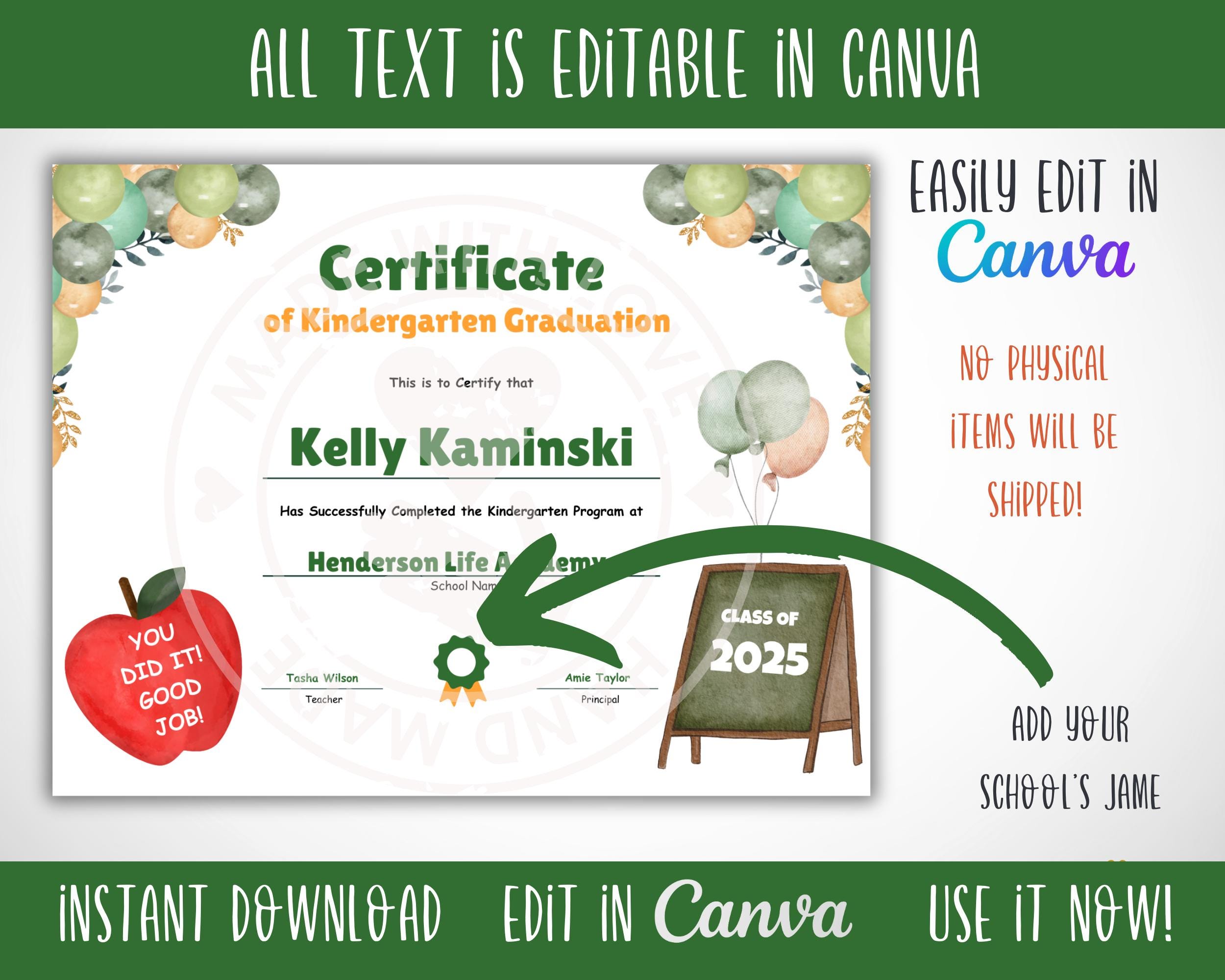 Editable Kindergarten Certificate Diploma Template | Instant Download ...
