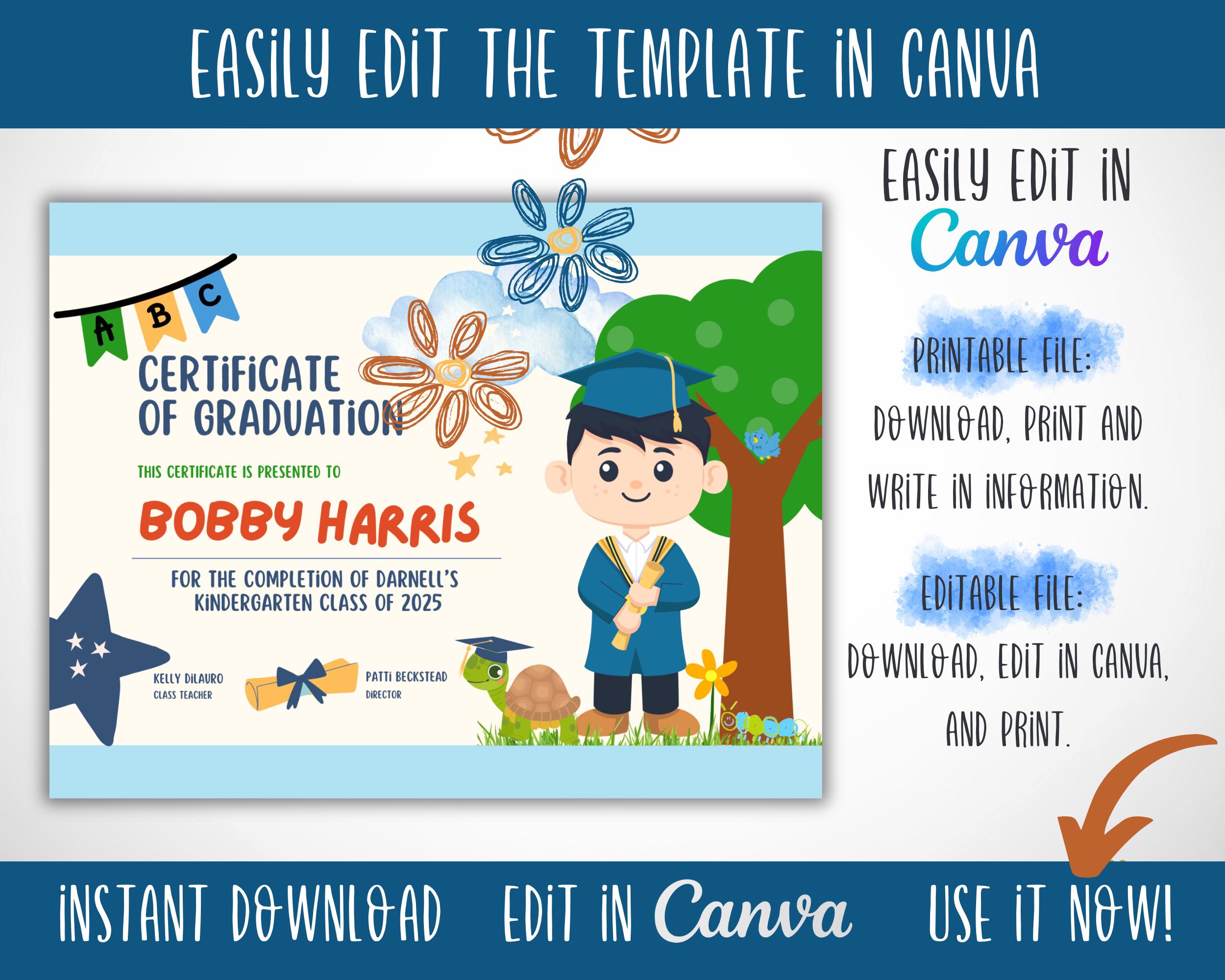 Editable Kindergarten Certificate Diploma | Instant Download| Canva Pro ...