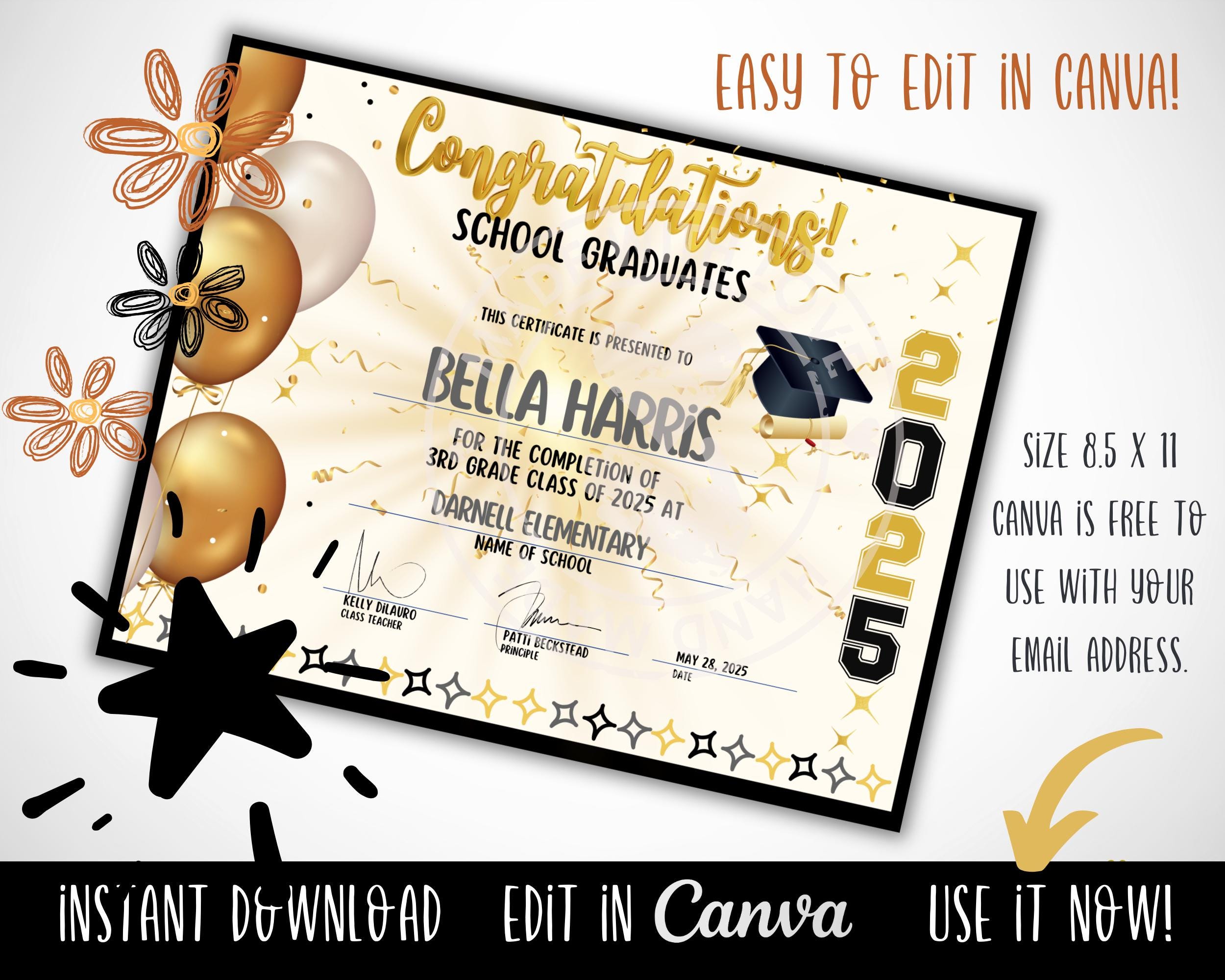Editable Grade School Certificate Diploma | Instant Download| Canva Pro ...