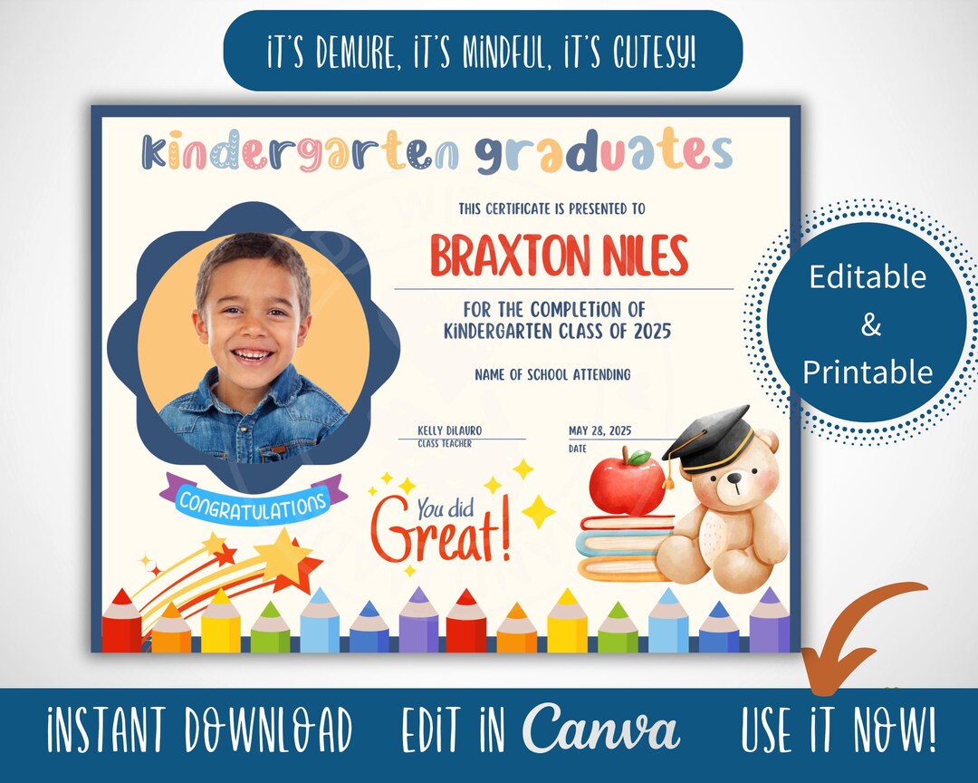 Editable Kindergarten Certificate Diploma | Instant Download| Canva Pro ...