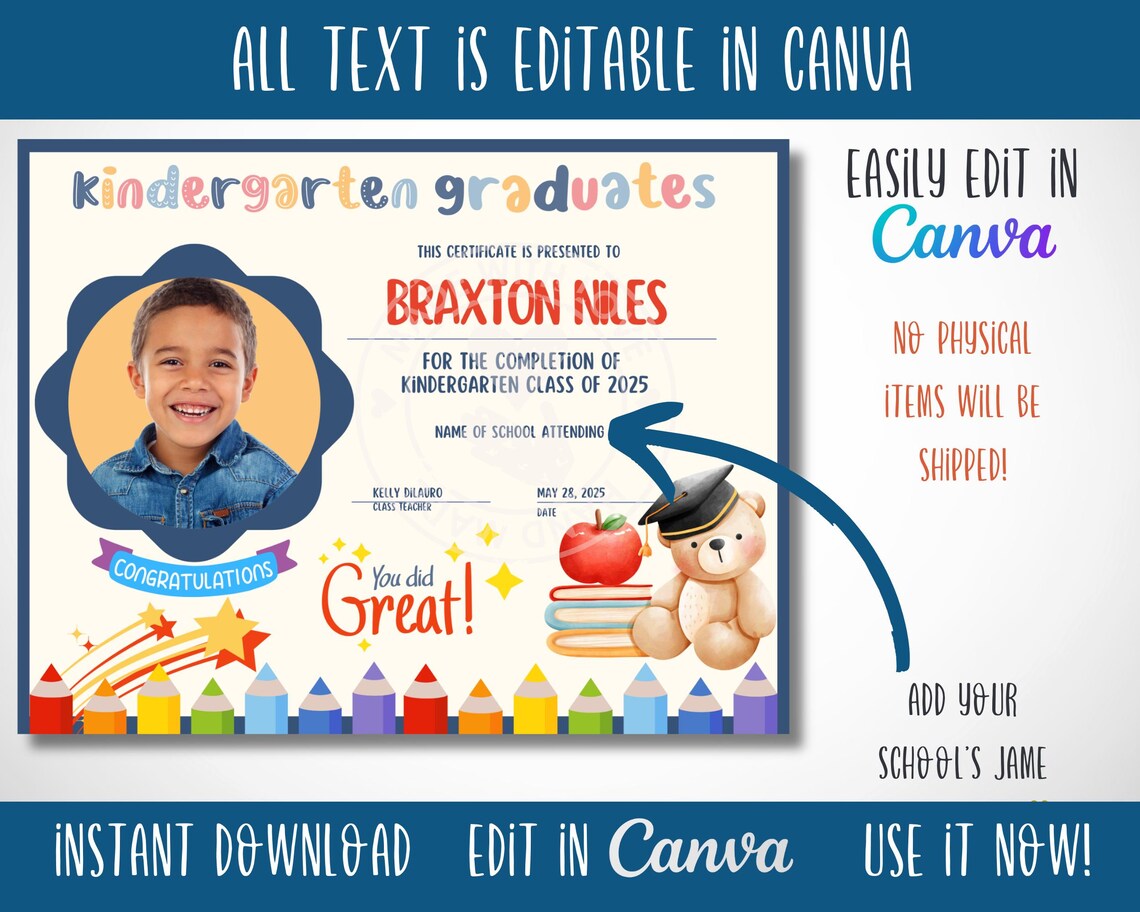 Editable Kindergarten Certificate Diploma | Instant Download| Canva Pro ...