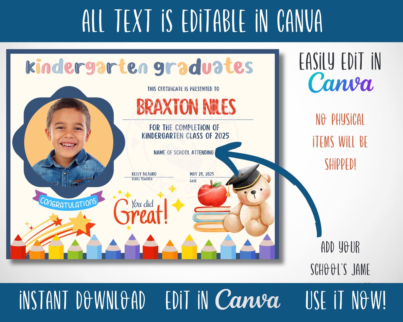 Editable Kindergarten Certificate Diploma | Instant Download| Canva Pro ...