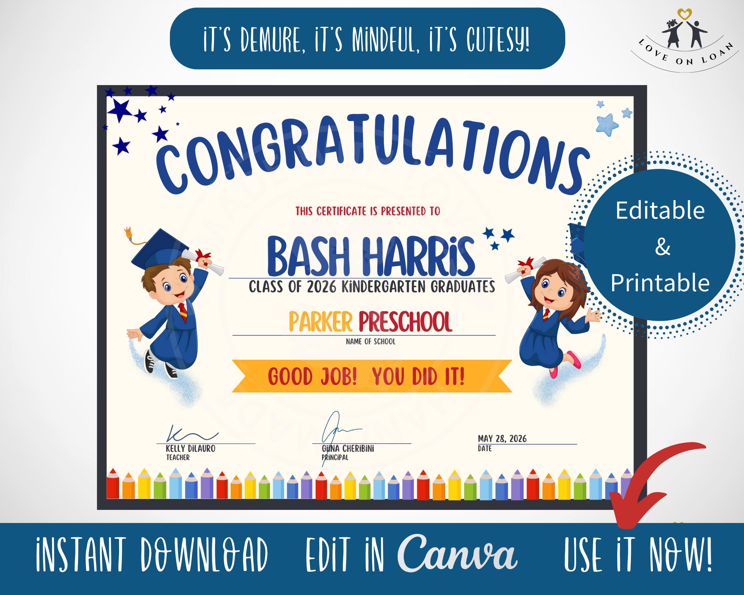 Editable Preschool Graduation Certificate: Canva Template (digital ...