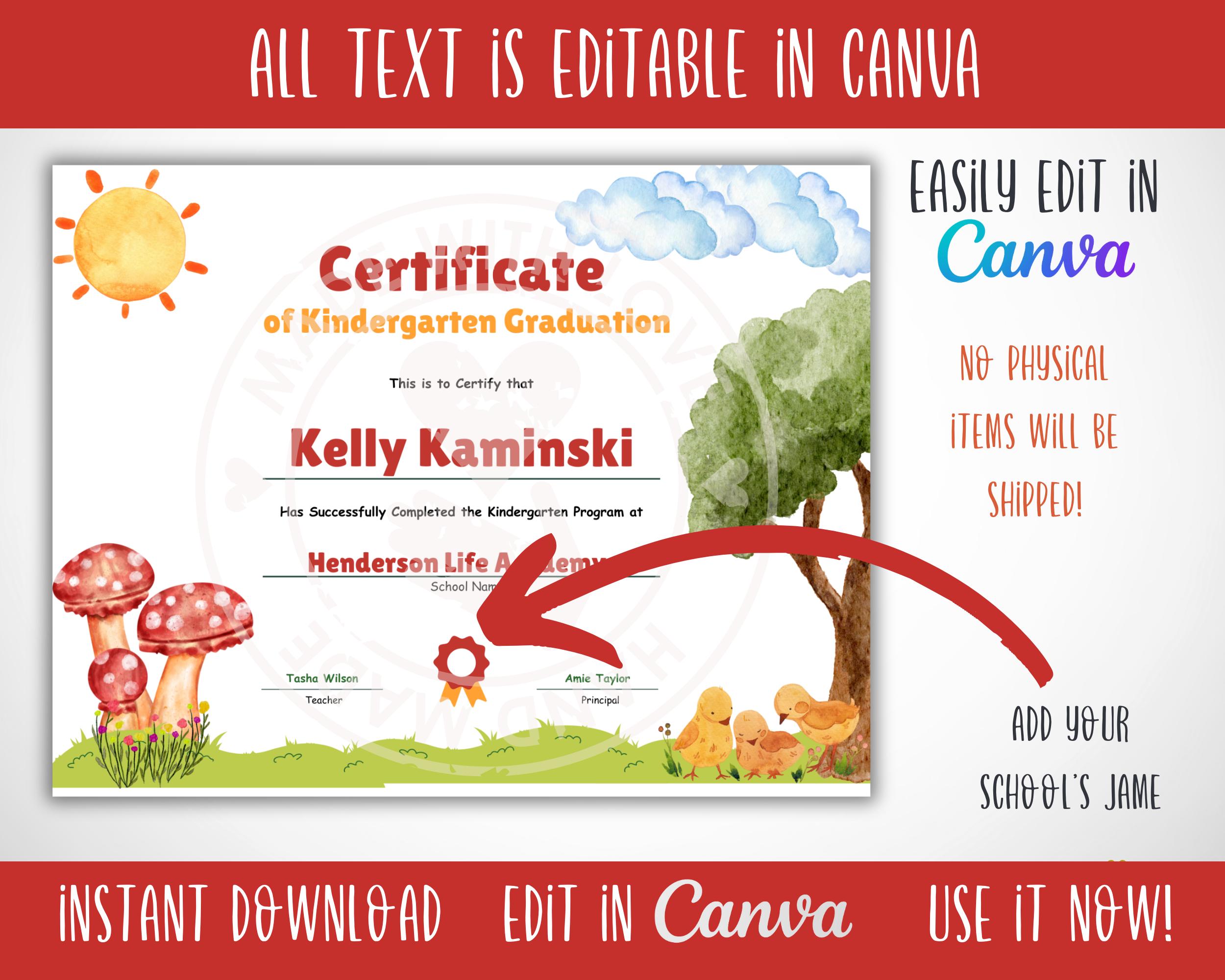 Editable Kindergarten Certificate Diploma Template | Instant Download ...