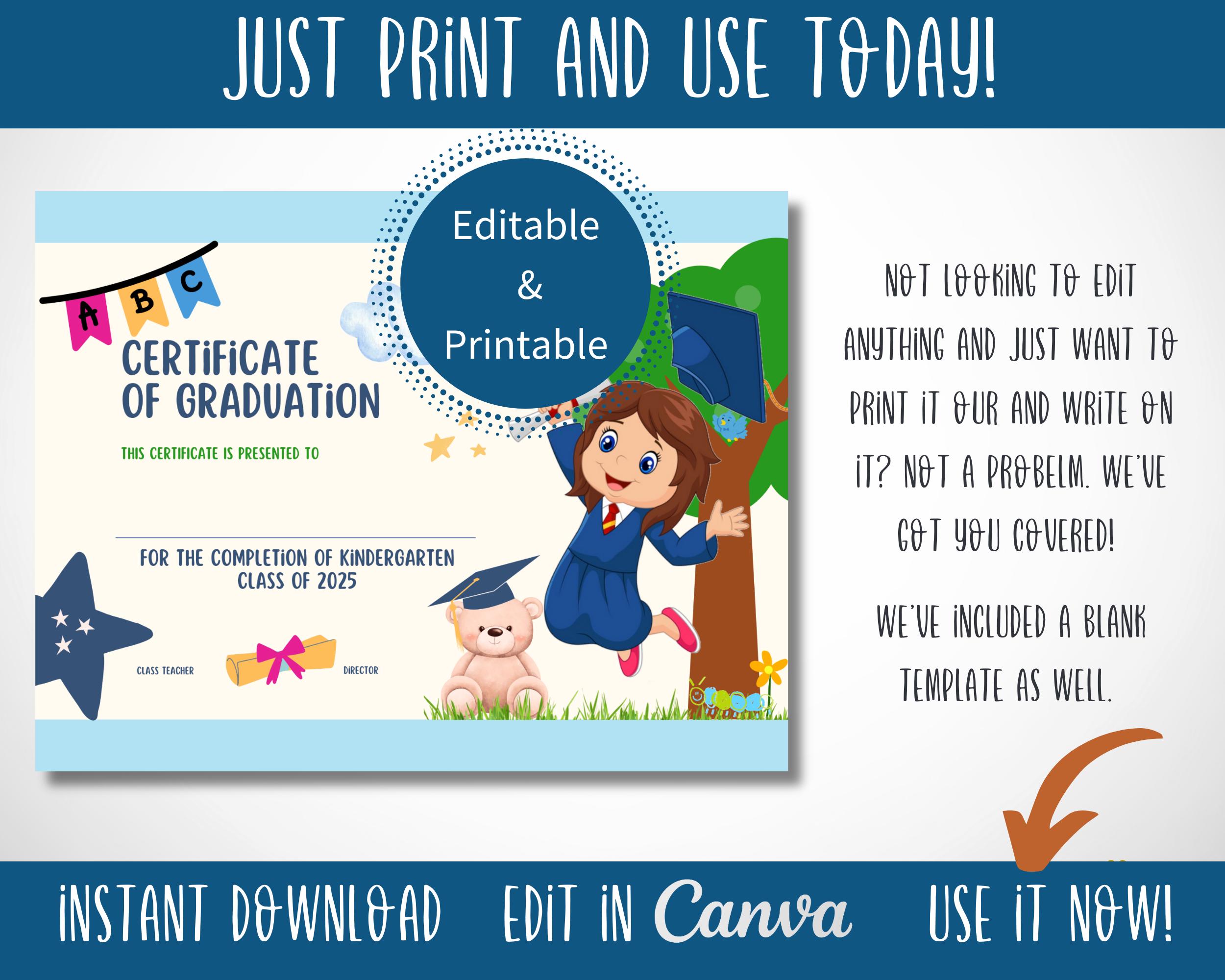 Editable Kindergarten Certificate Diploma Template | Instant Download ...