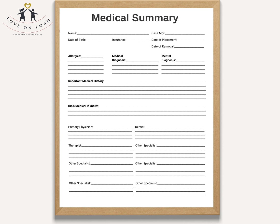 Printable Foster Care Medical Summary Binder Template for New Foster ...
