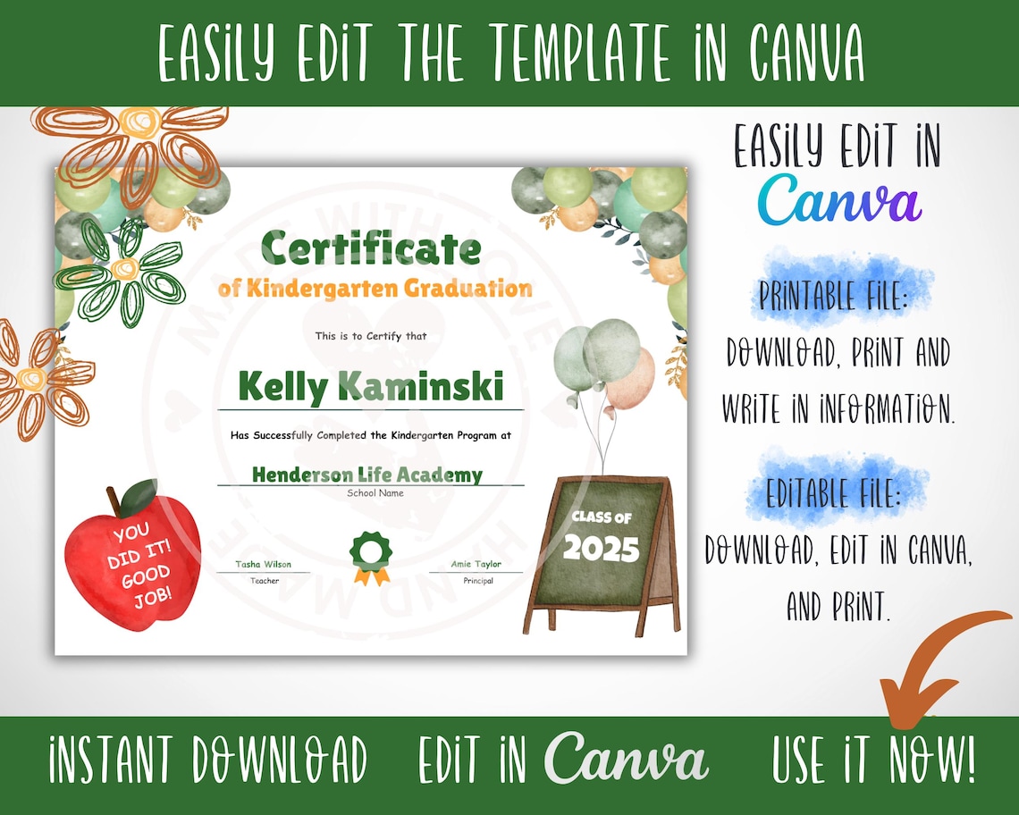 Editable Kindergarten Certificate Diploma Template | Instant Download ...