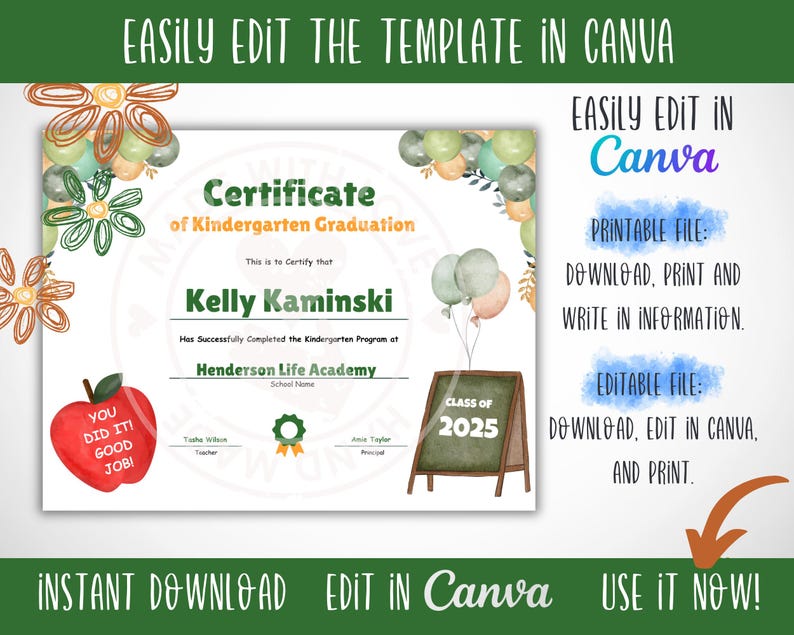Editable Kindergarten Certificate Diploma Template | Instant Download ...