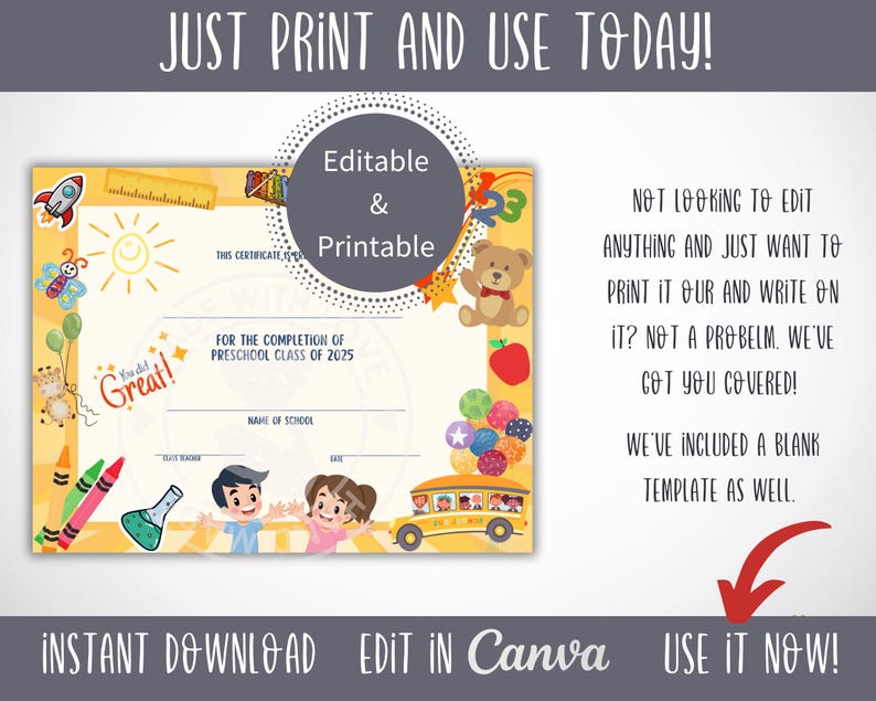 Editable Preschool Certificate Diploma Template | Instant Download ...