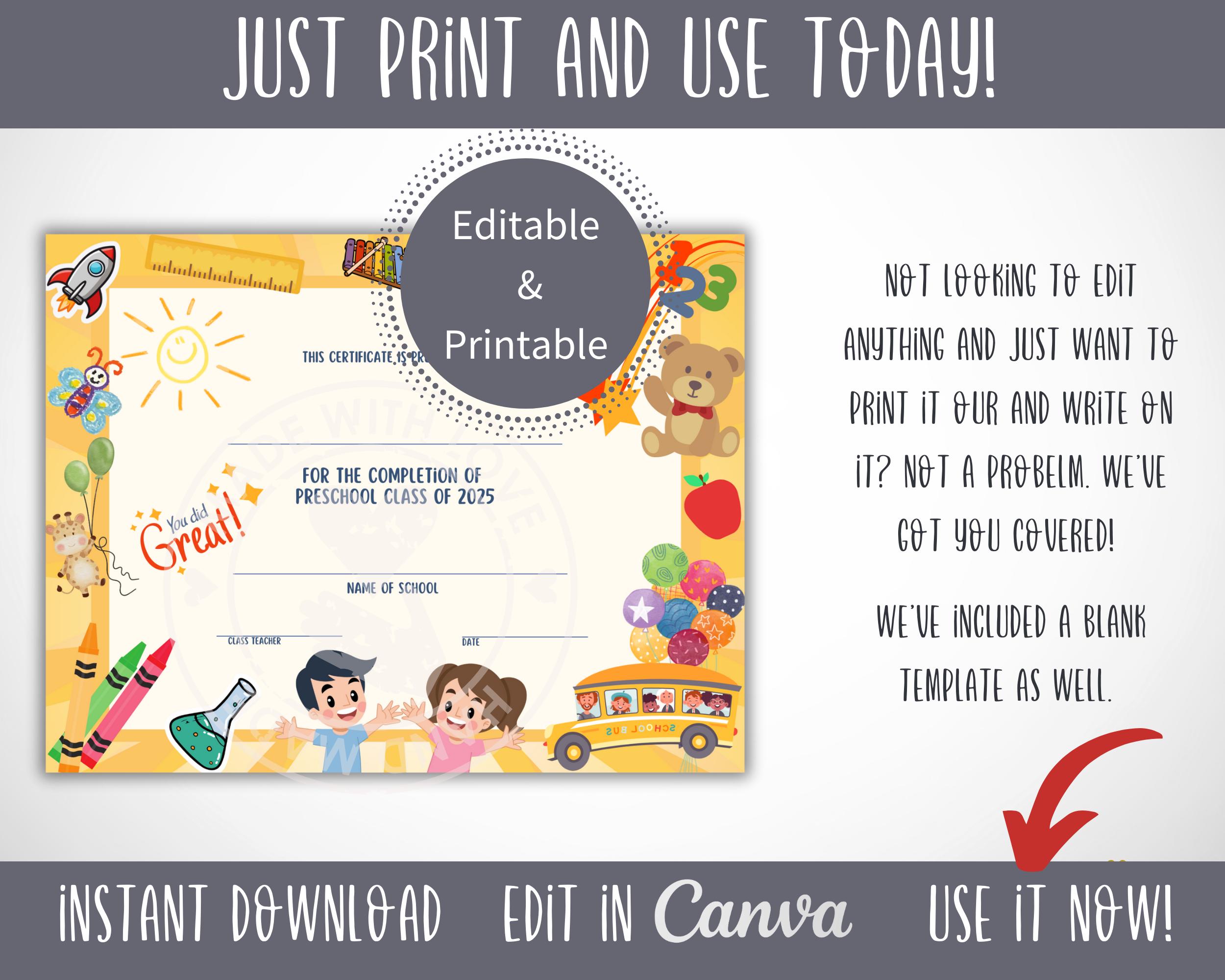 Editable Preschool Certificate Diploma Template | Instant Download ...