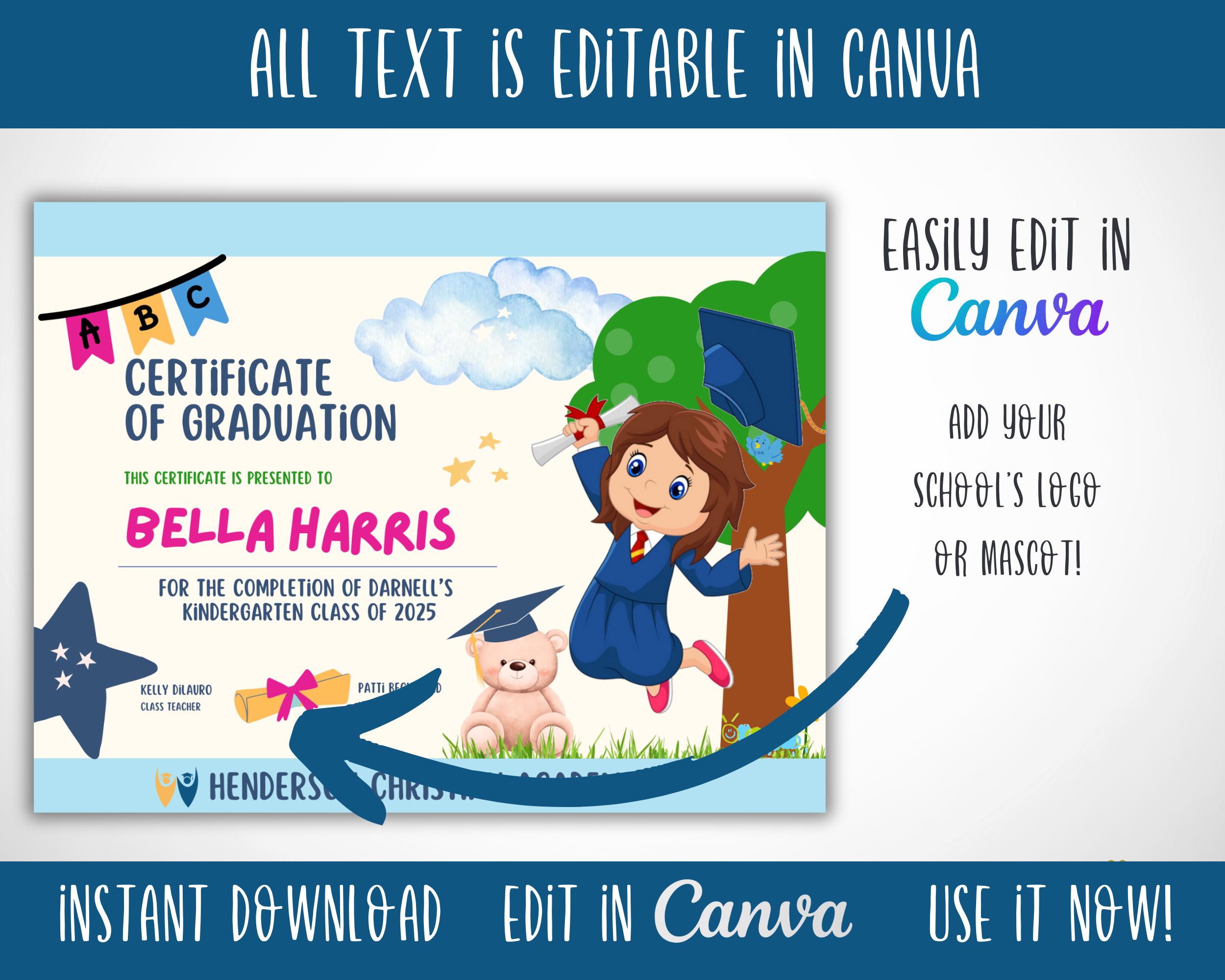 Editable Kindergarten Certificate Diploma Template | Instant Download ...