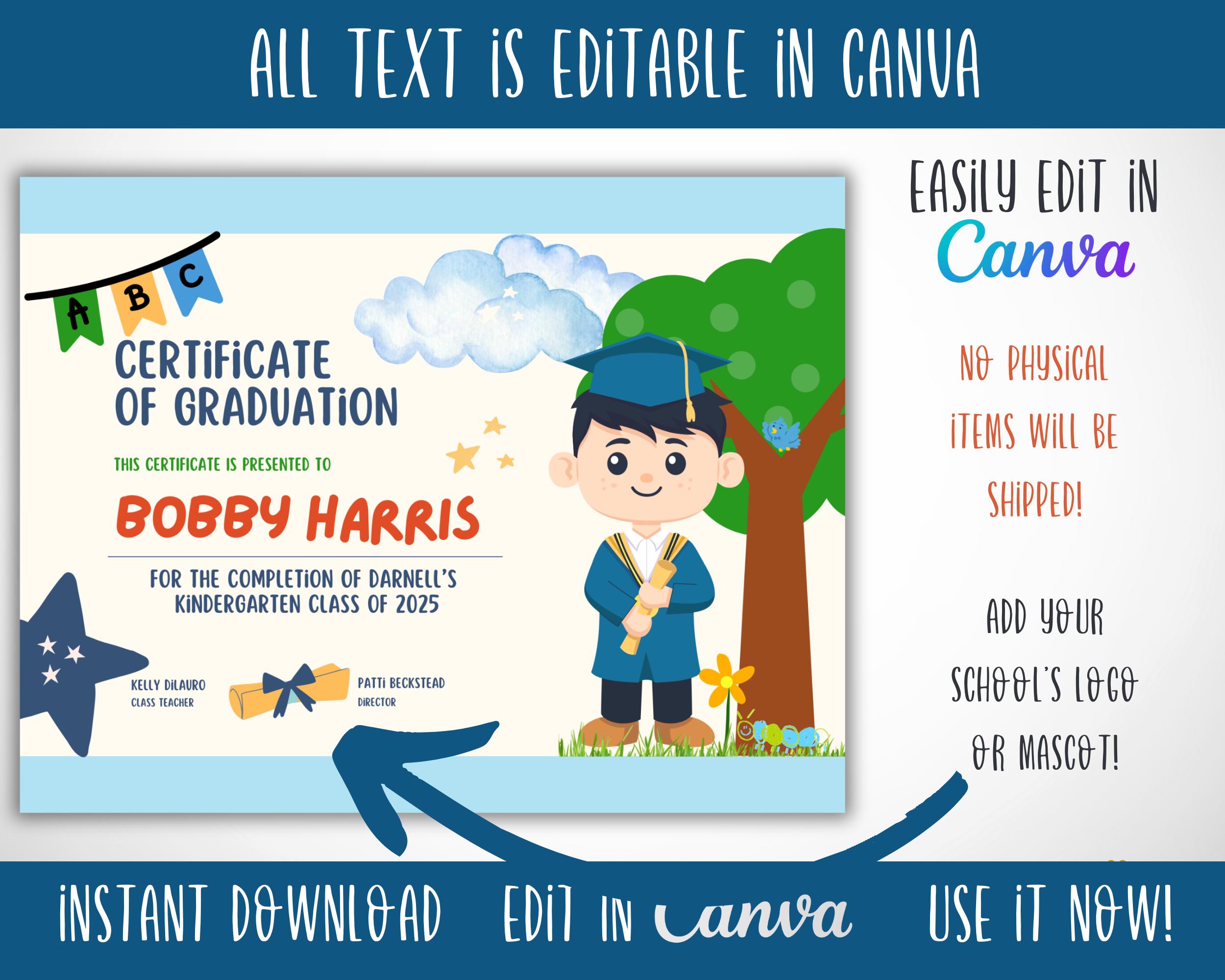 Editable Kindergarten Certificate Diploma | Instant Download| Canva Pro ...