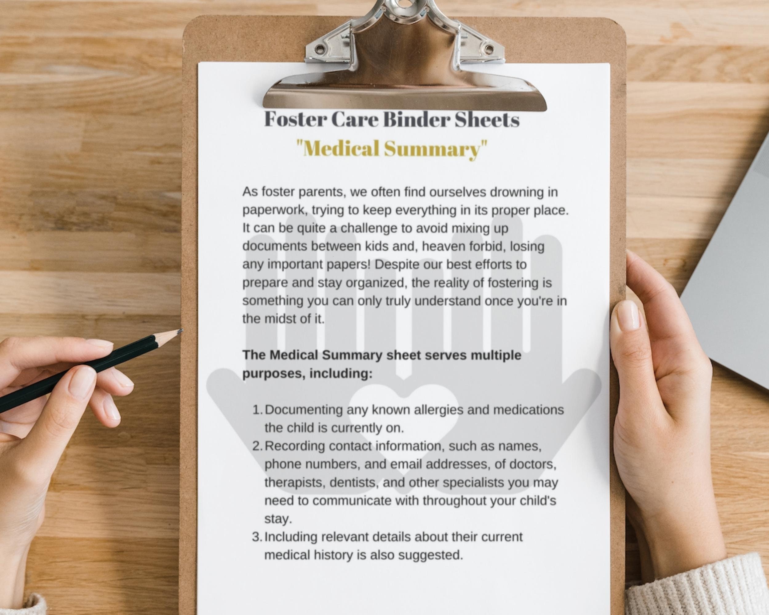 Printable Foster Care Medical Summary Binder Template for New Foster ...