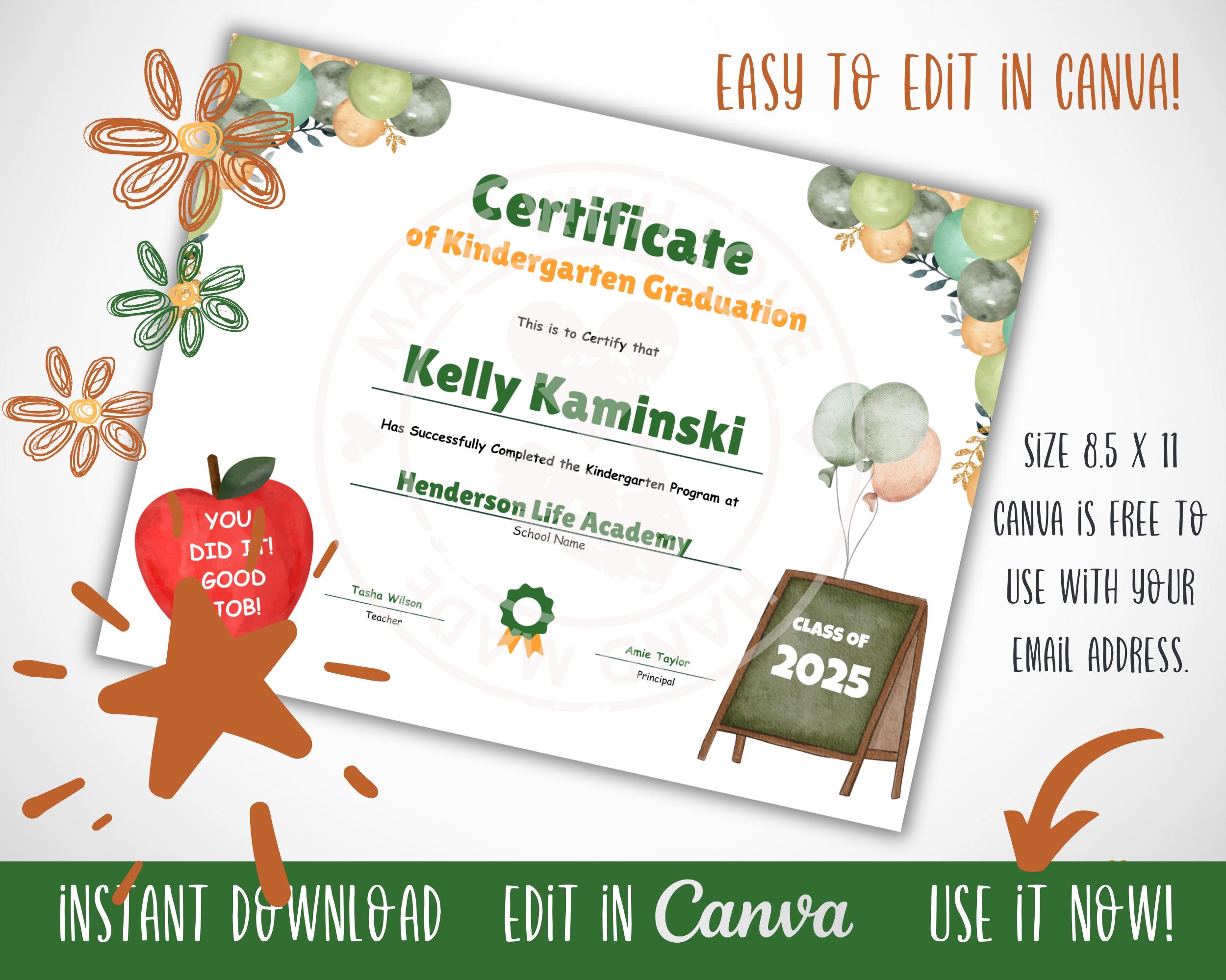 Editable Kindergarten Certificate Diploma Template | Instant Download ...