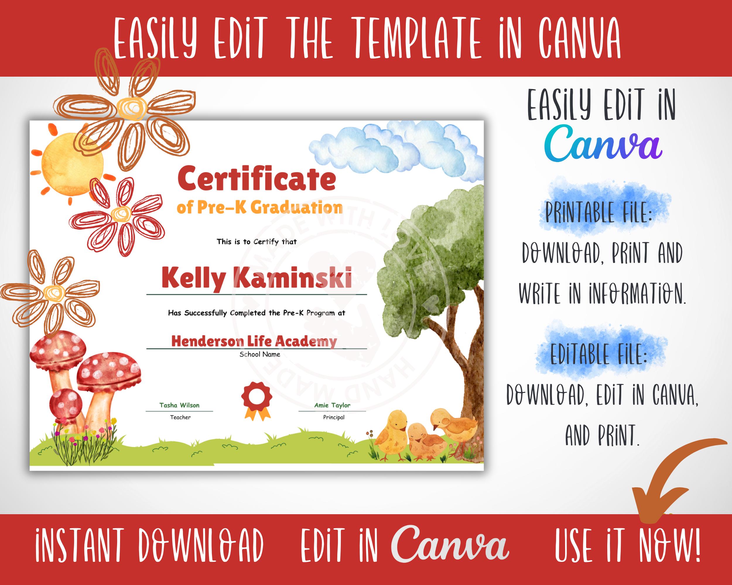 Editable Pre-k Certificate Diploma Template | Instant Download| Teacher ...