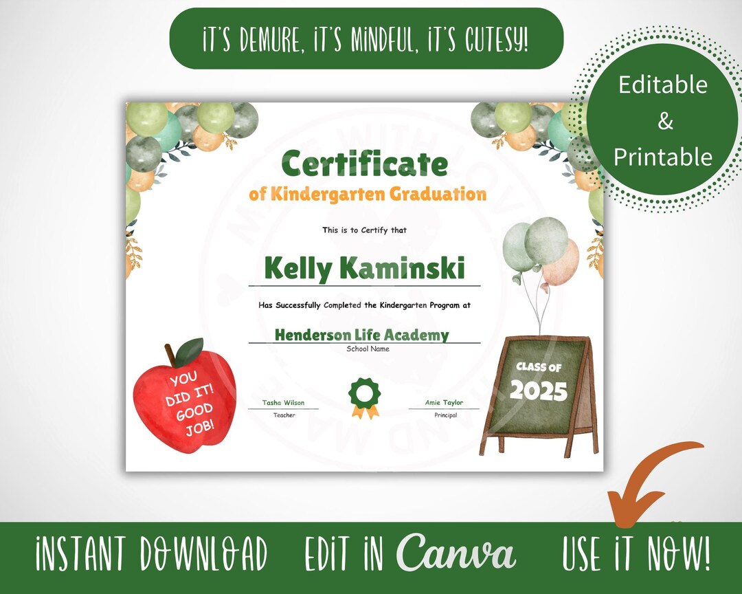 Editable Kindergarten Certificate Diploma Template | Instant Download ...