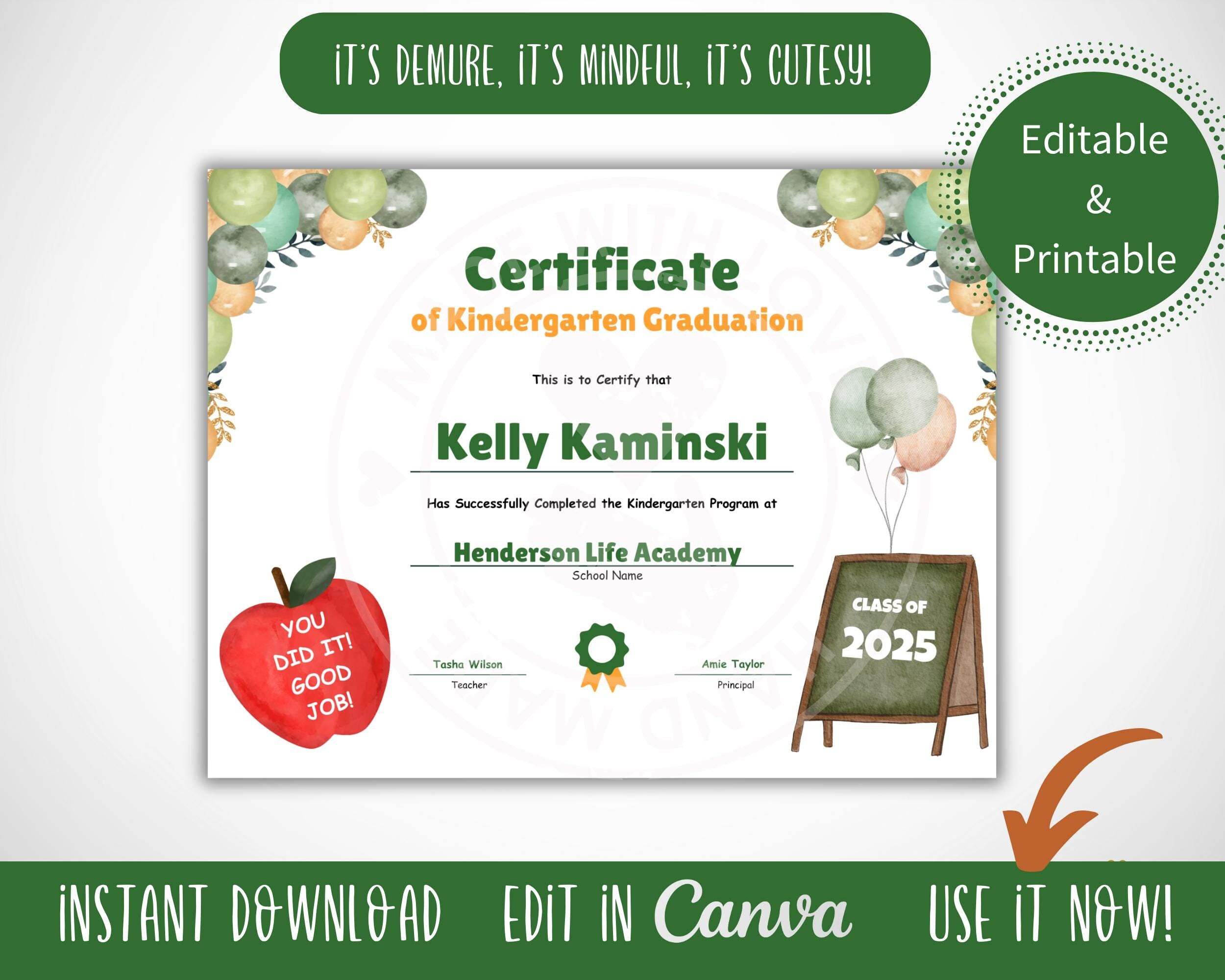 Editable Kindergarten Certificate Diploma Template | Instant Download ...