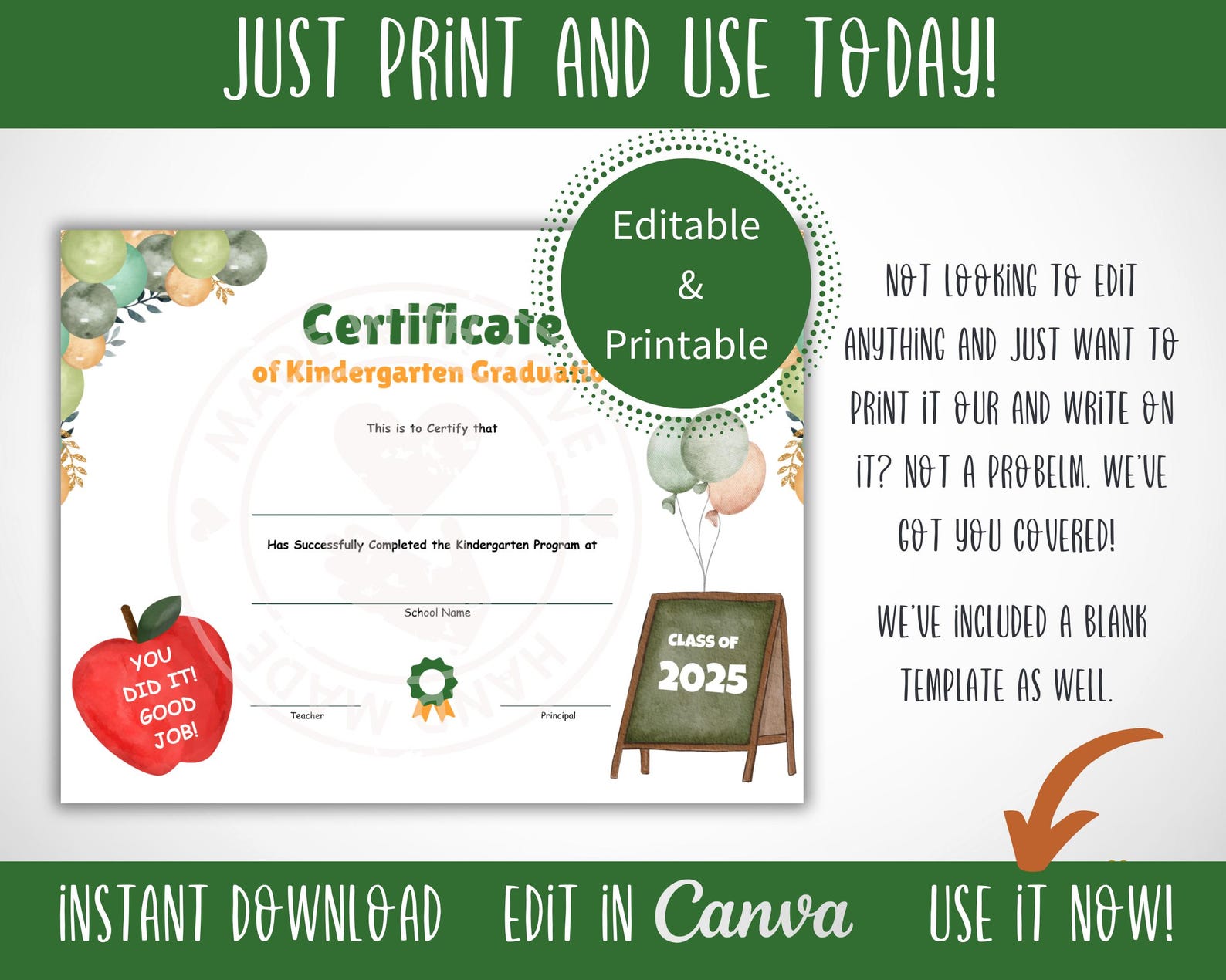 Editable Kindergarten Certificate Diploma Template | Instant Download ...