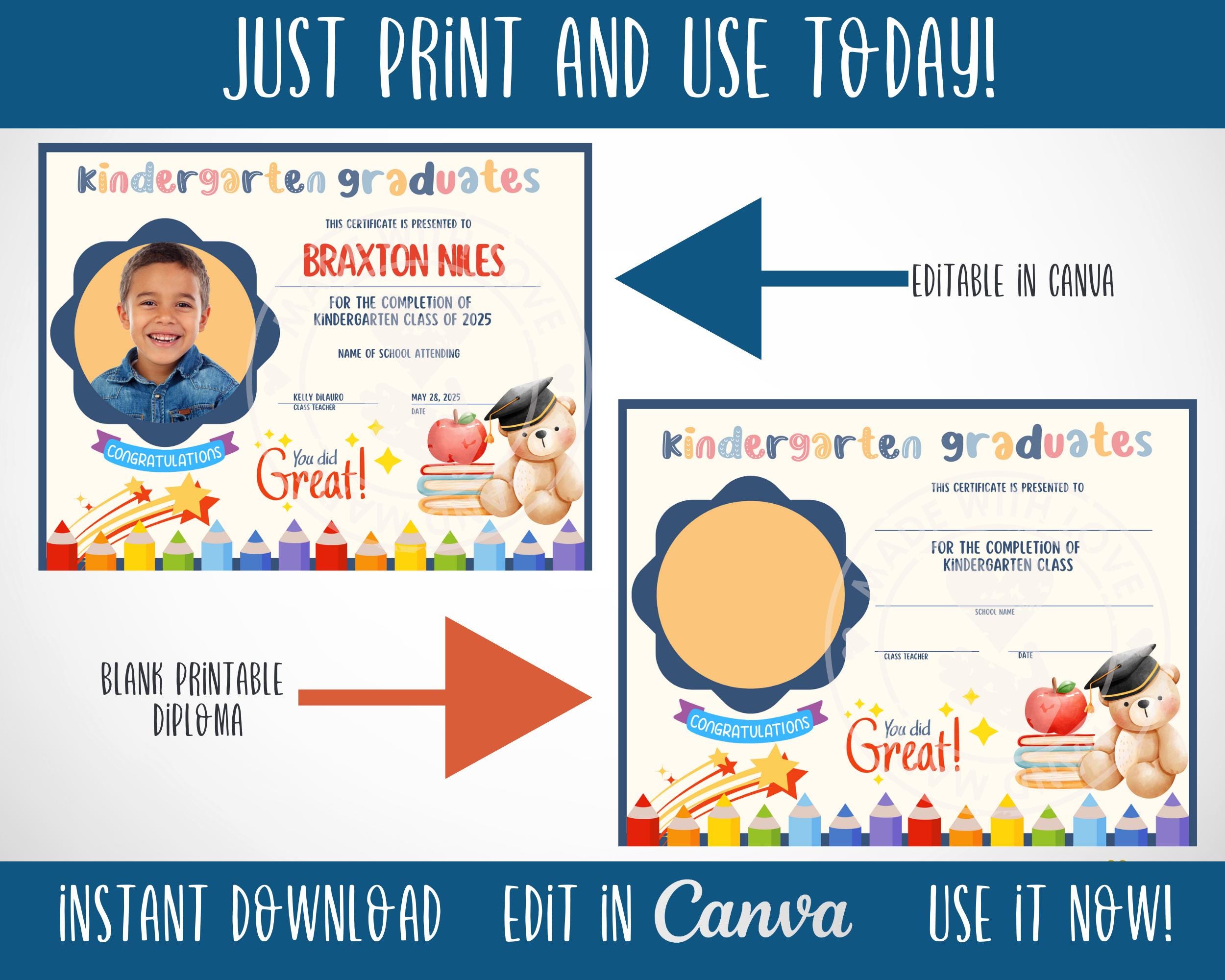 Editable Kindergarten Certificate Diploma | Instant Download| Canva Pro ...