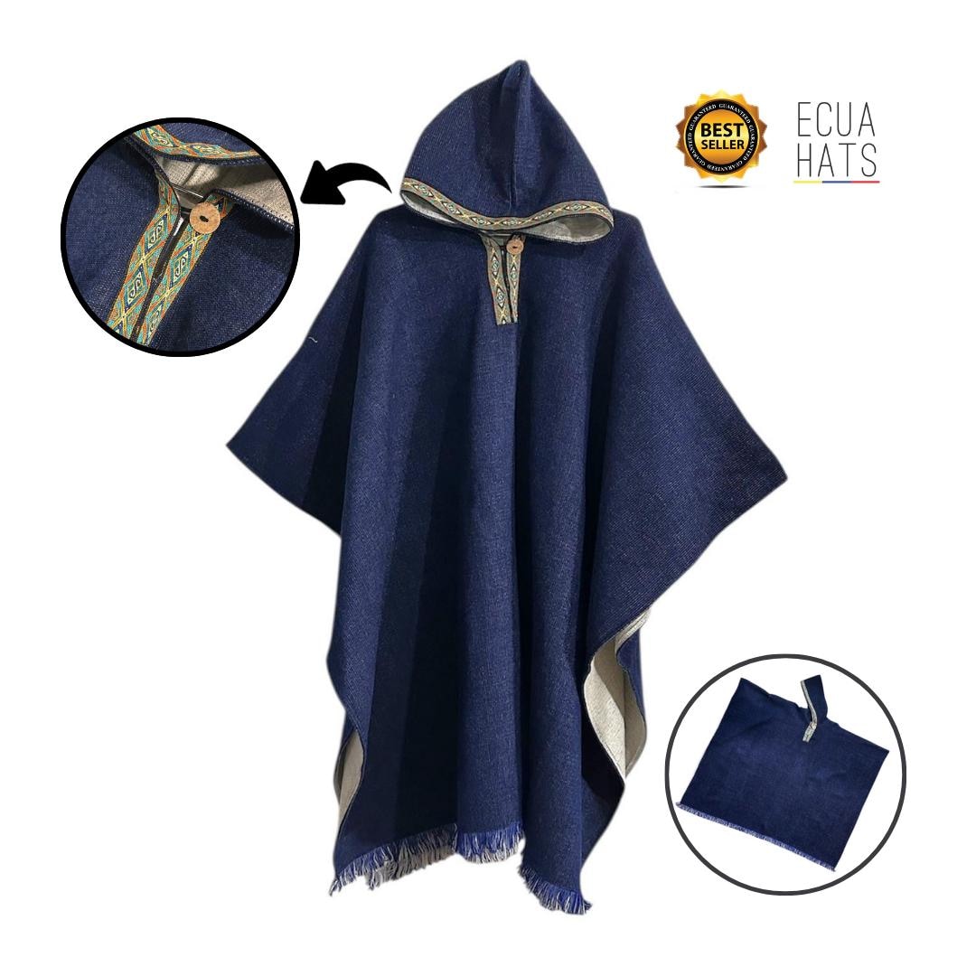 Solid Color Poncho With Indigenous Appliques - Warm, Hooded, Unisex ...