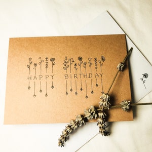 Hand Drawn Happy Birthday Card Black Ink Botanical Doodle on Matte ...