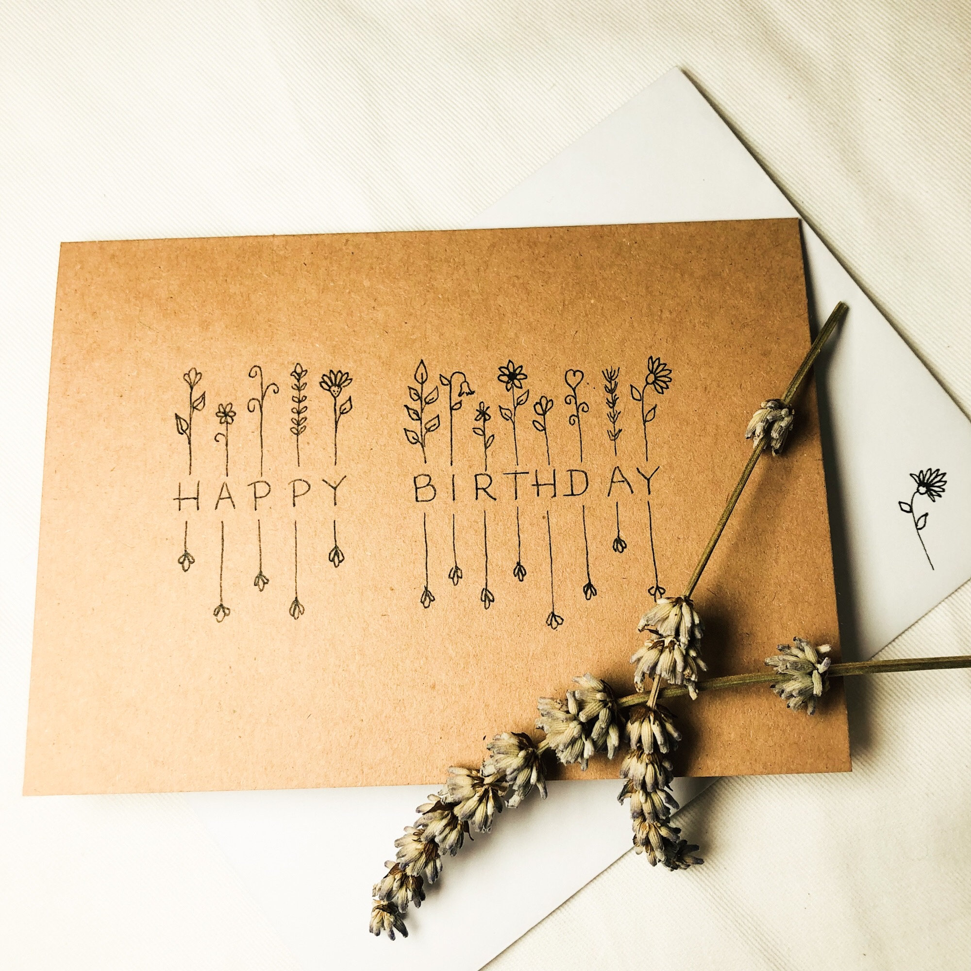 Hand Drawn Happy Birthday Card Black Ink Botanical Doodle on Matte ...