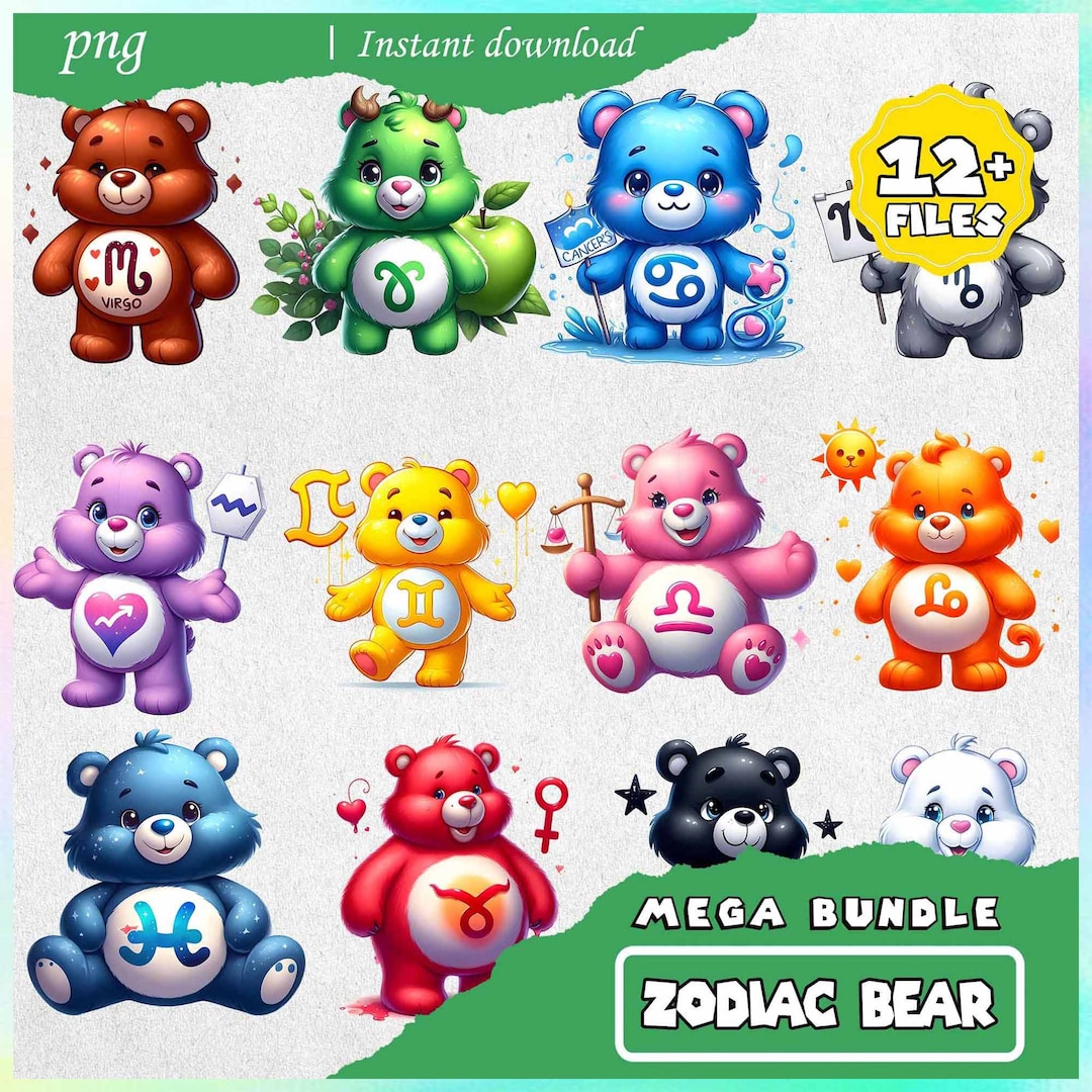 Zodiac SVG PNG Mega Bundle, Care Bears Svg, Cute Bears, 22 Designs Easy ...