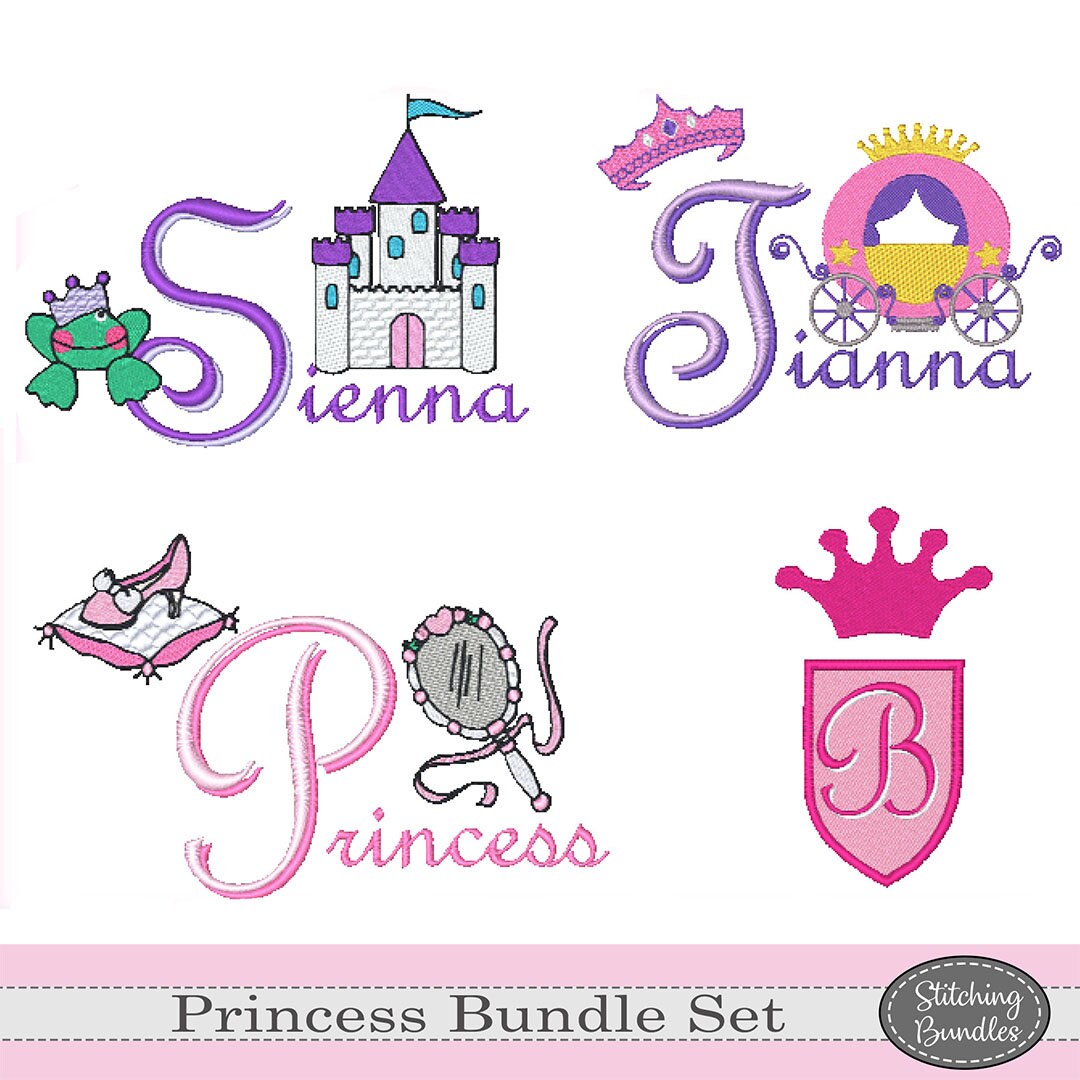 104 Princess Embroidery Machine Designs Font Bundle Set Castle Monogram ...