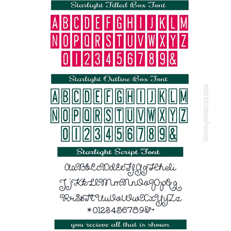 Starlight Trio Embroidery Font Set Script and Box Letter BX Machine ...