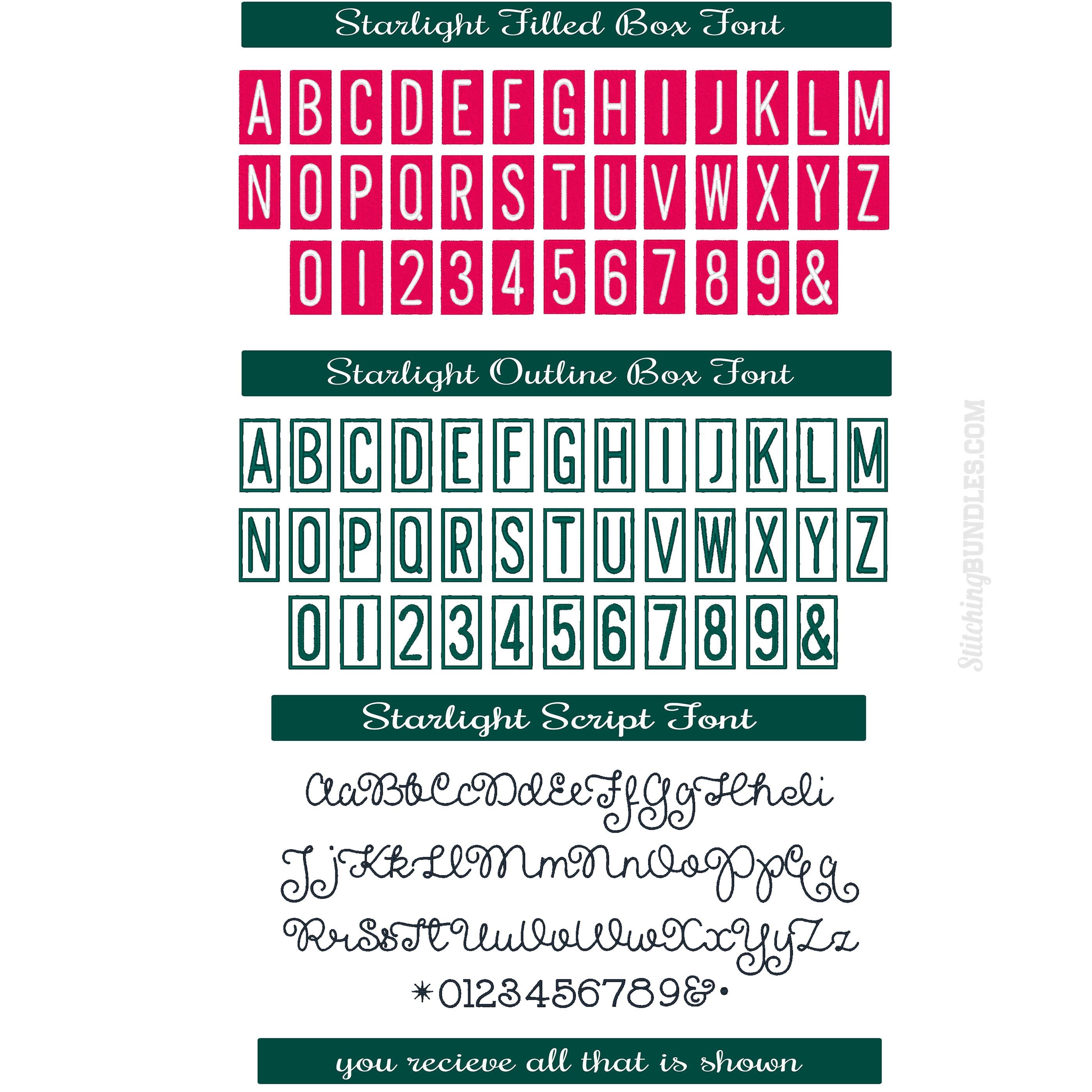 Starlight Trio Embroidery Font Set Script and Box Letter BX Machine ...