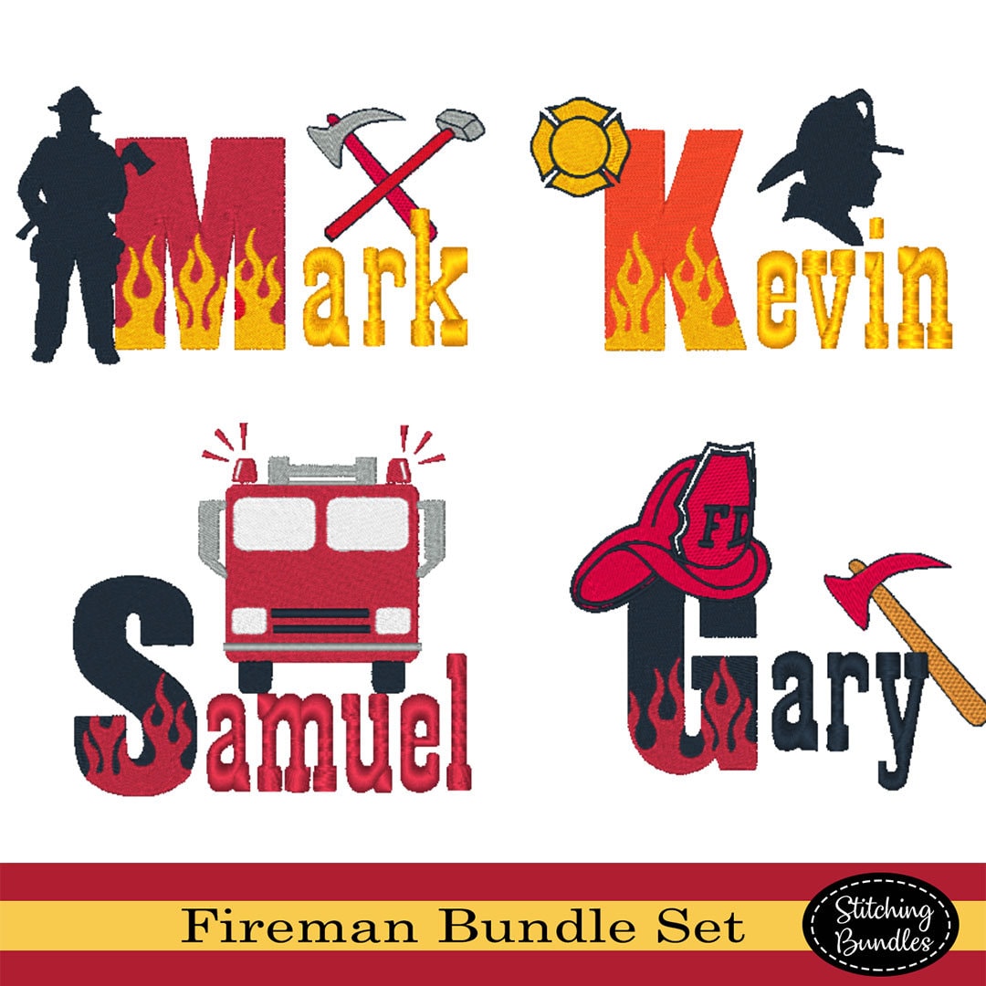 78 Fireman Firefighter Embroidery Machine Designs Bundle Set BX Font ...