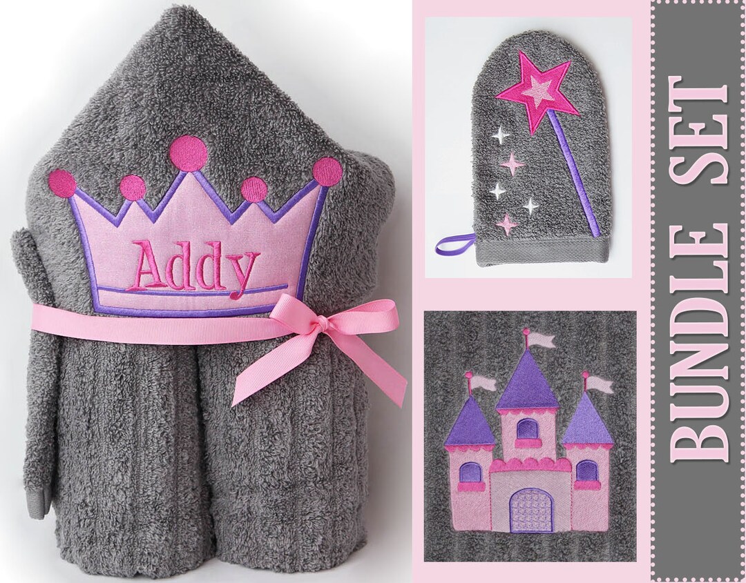 Princess Applique Hooded Towel ITH Magic Wand Wash Mitt Castle - Etsy
